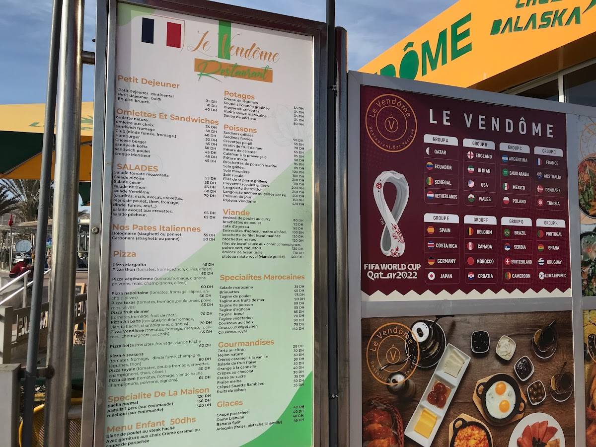 Menu at Le Vendôme restaurant, Agadir