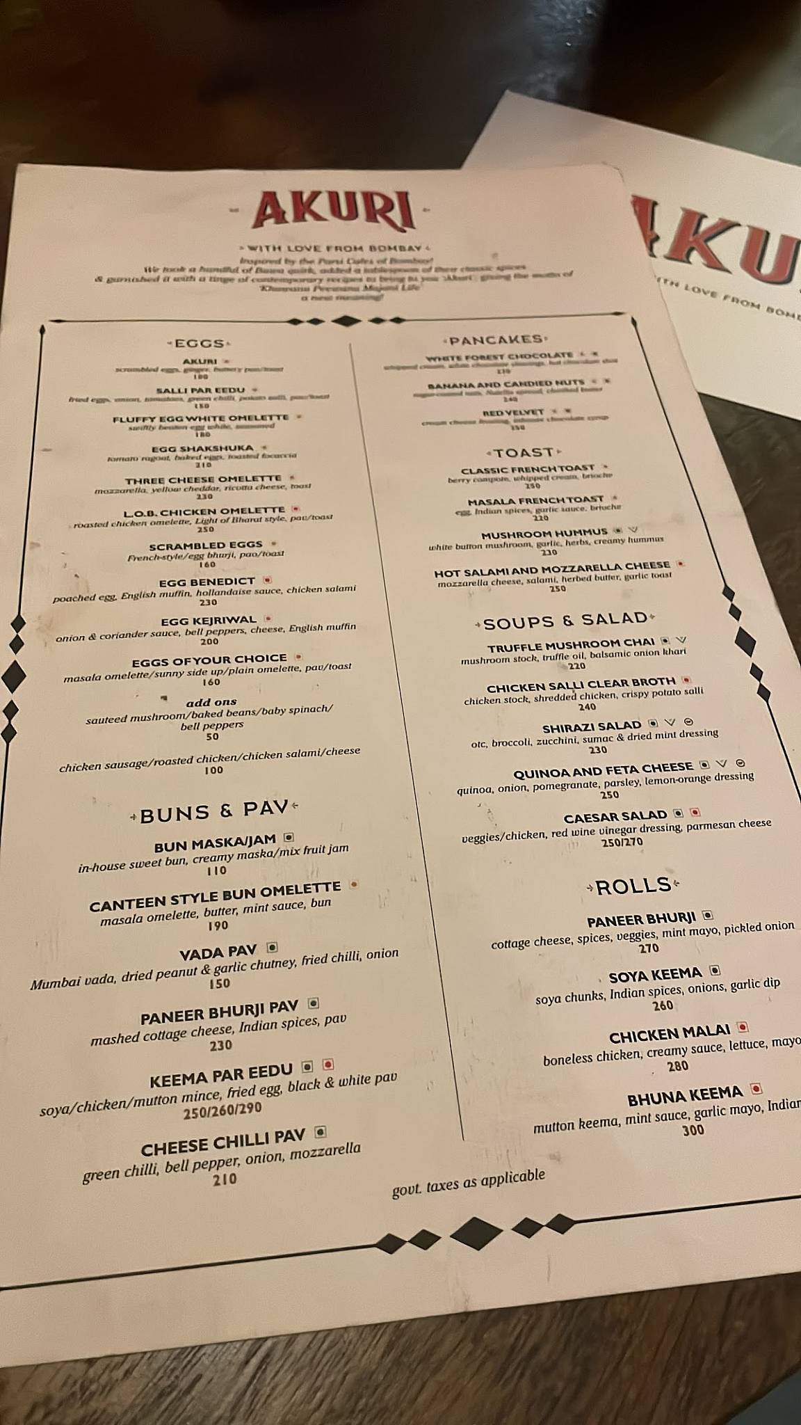 Menu at Akuri Jaipur, Jaipur