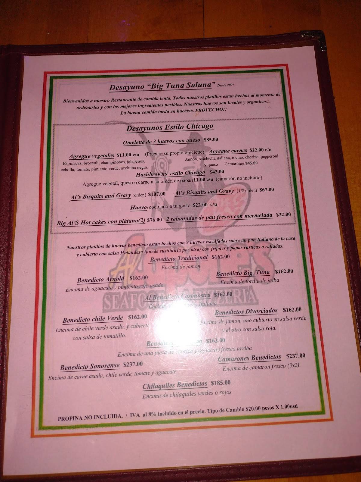 Menu at Al Capone's Seafood and Pizzeria, Puerto Peñasco