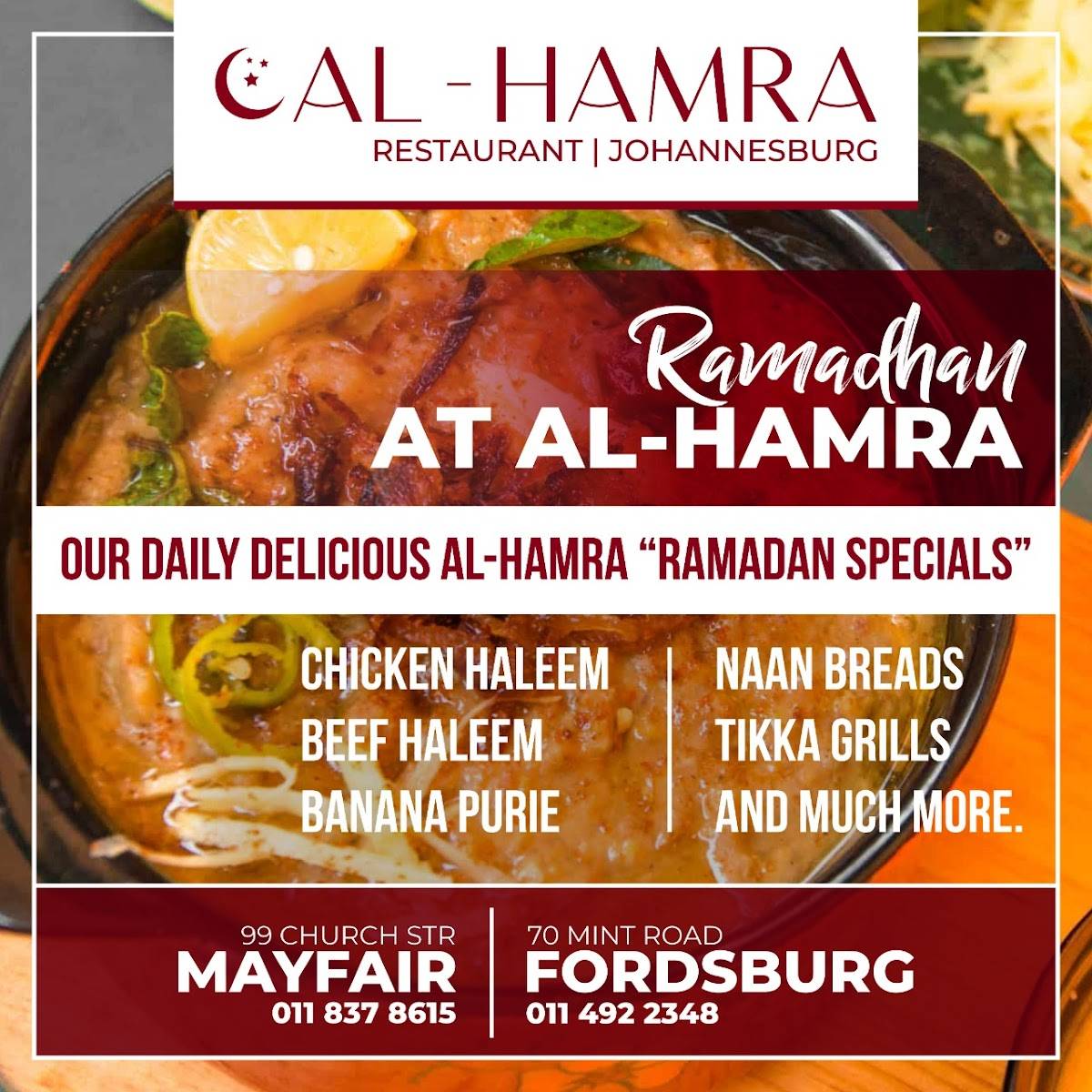 Menu at Al-Hamra Restaurant, Johannesburg, 99 Church St