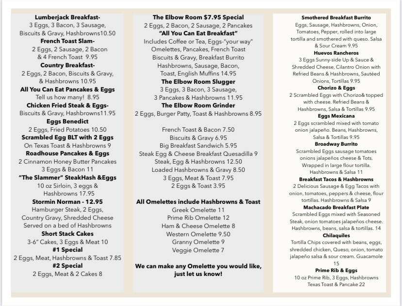 Menu at Elbow Room restaurant, Albert Lea