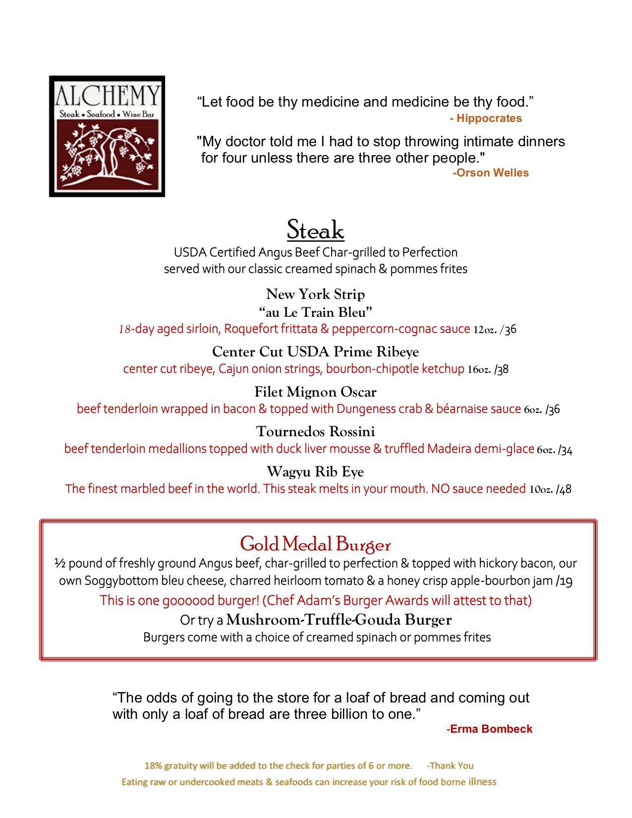 Menu at Alchemy Bistro & Bar, Port Townsend