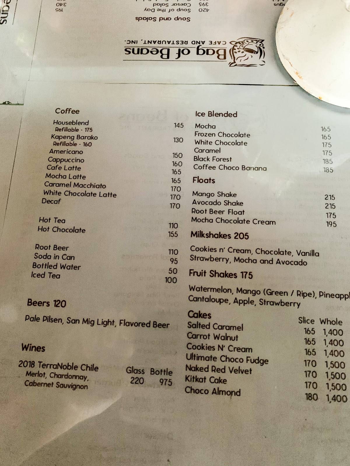 Menu at Bag of Beans, Twin Lakes restaurant, Laurel, 3V94+FP6