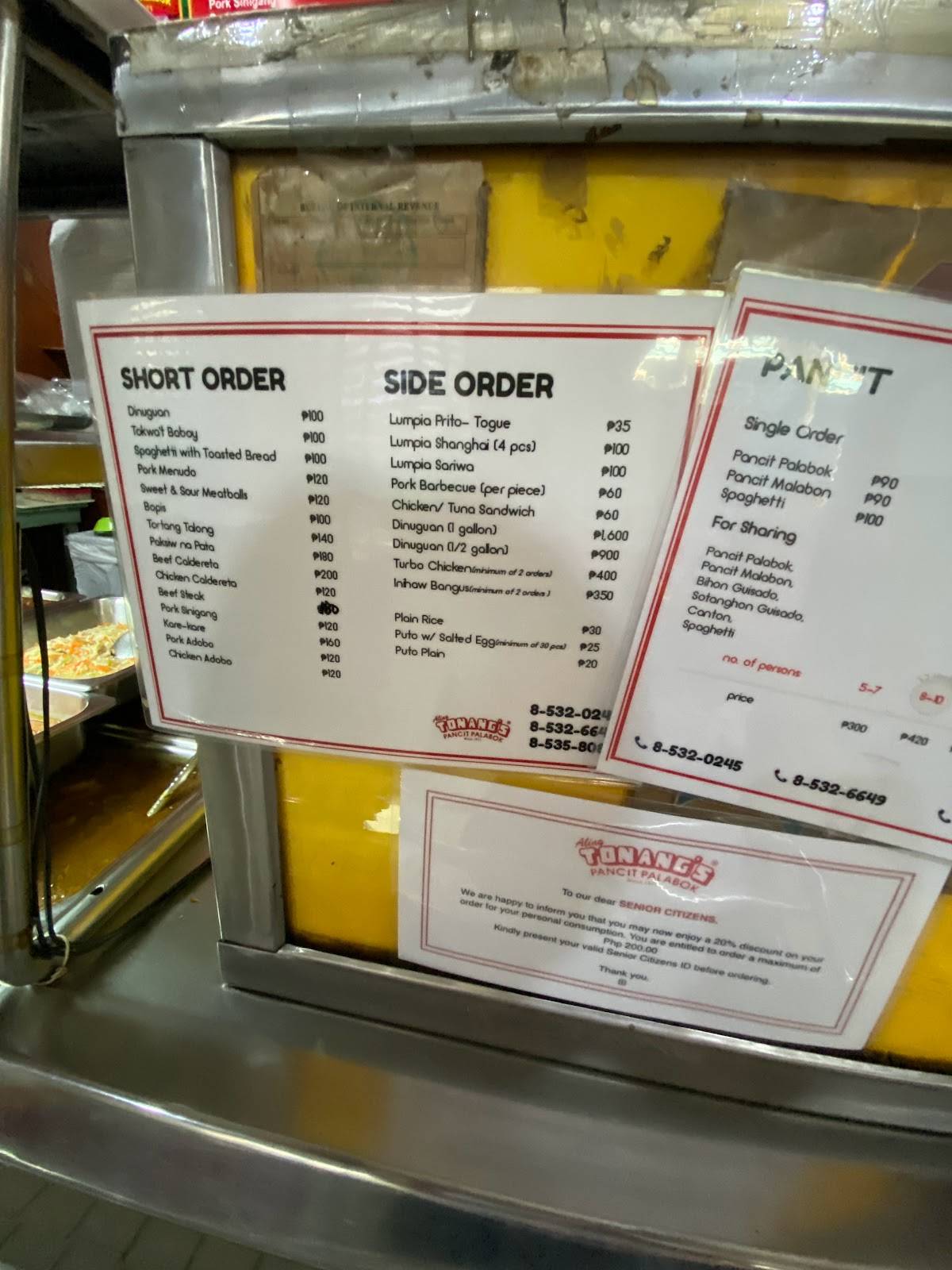 Menu at Aling Tonang's Palabok restaurant, Mandaluyong