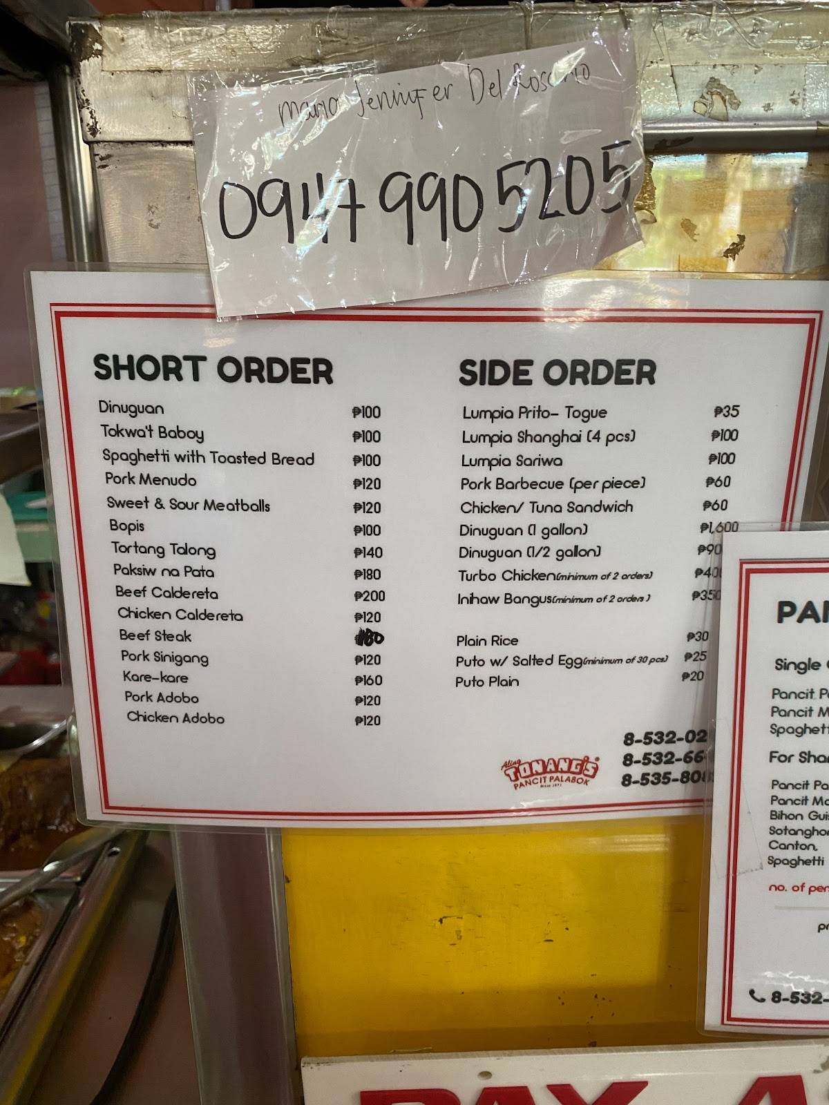 Menu at Aling Tonang's Palabok restaurant, Mandaluyong