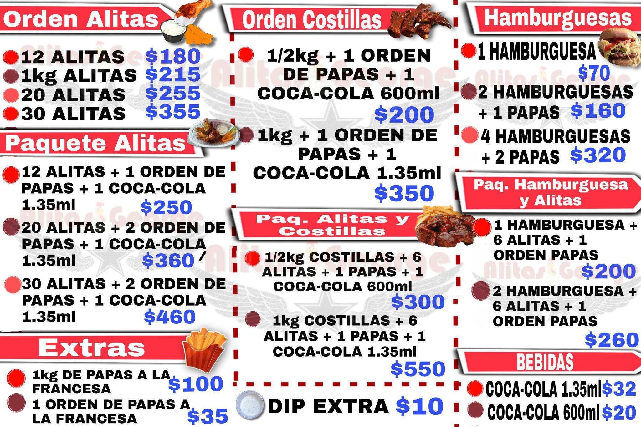 Menu at Alitas George restaurant, Santiago de Querétaro