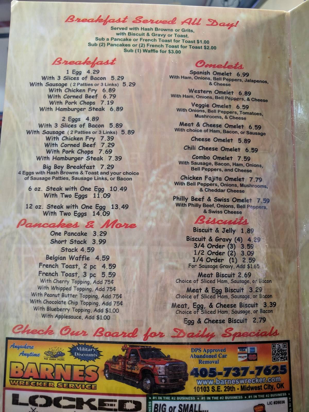 Menu at All American Dixie Diner restaurant, Nicoma Park