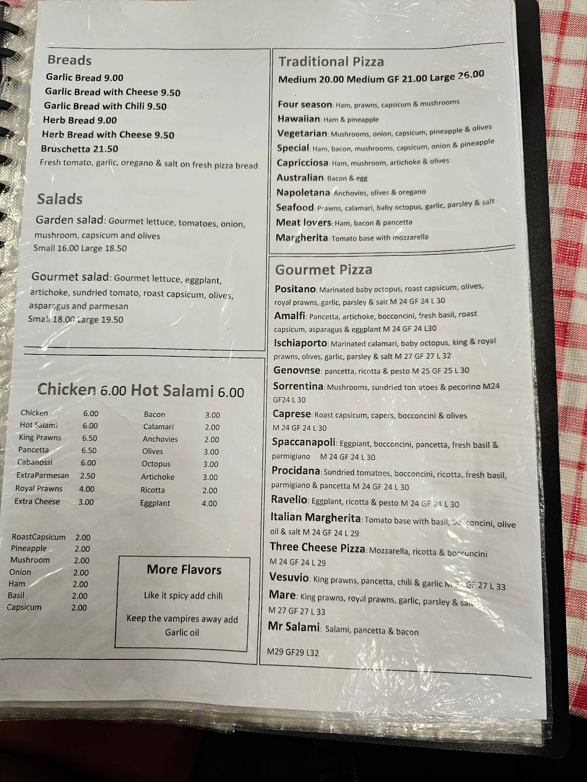 Menu at Amalfi Pizzeria, Coffs Harbour