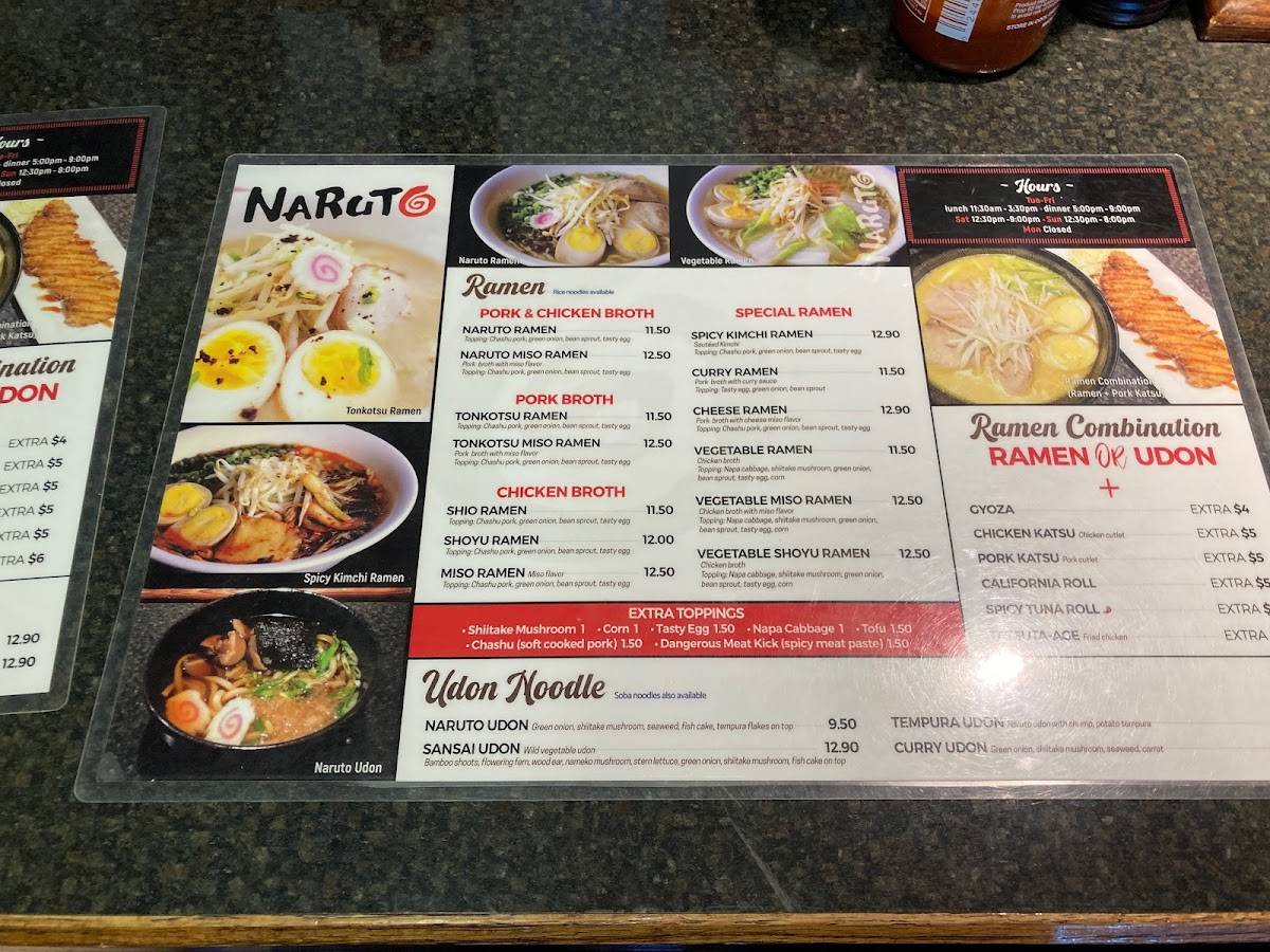 Menu at Naruto Japanese Restaurant, Anchorage