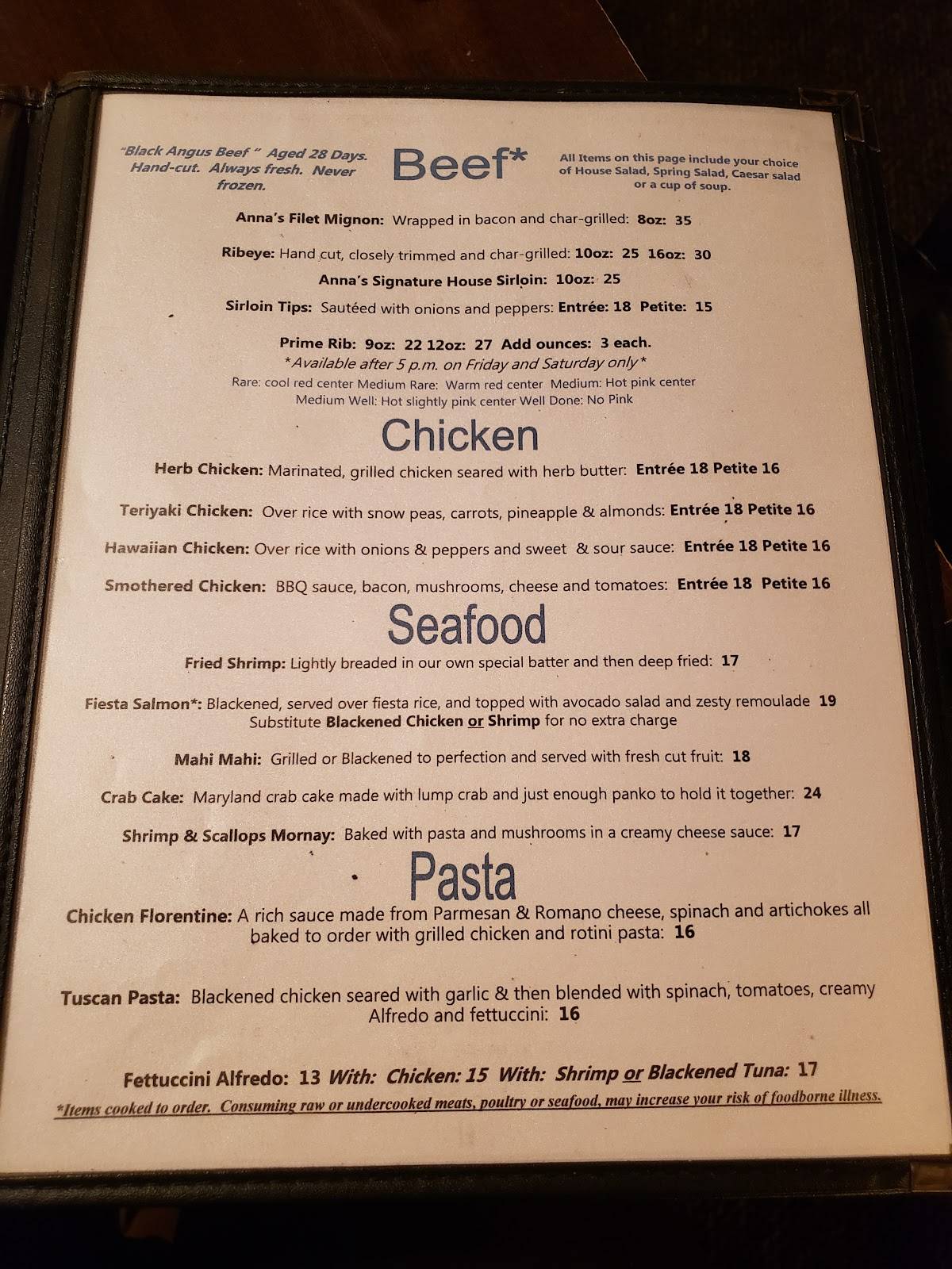 Menu at Annabelle's pub & bar, New Bern