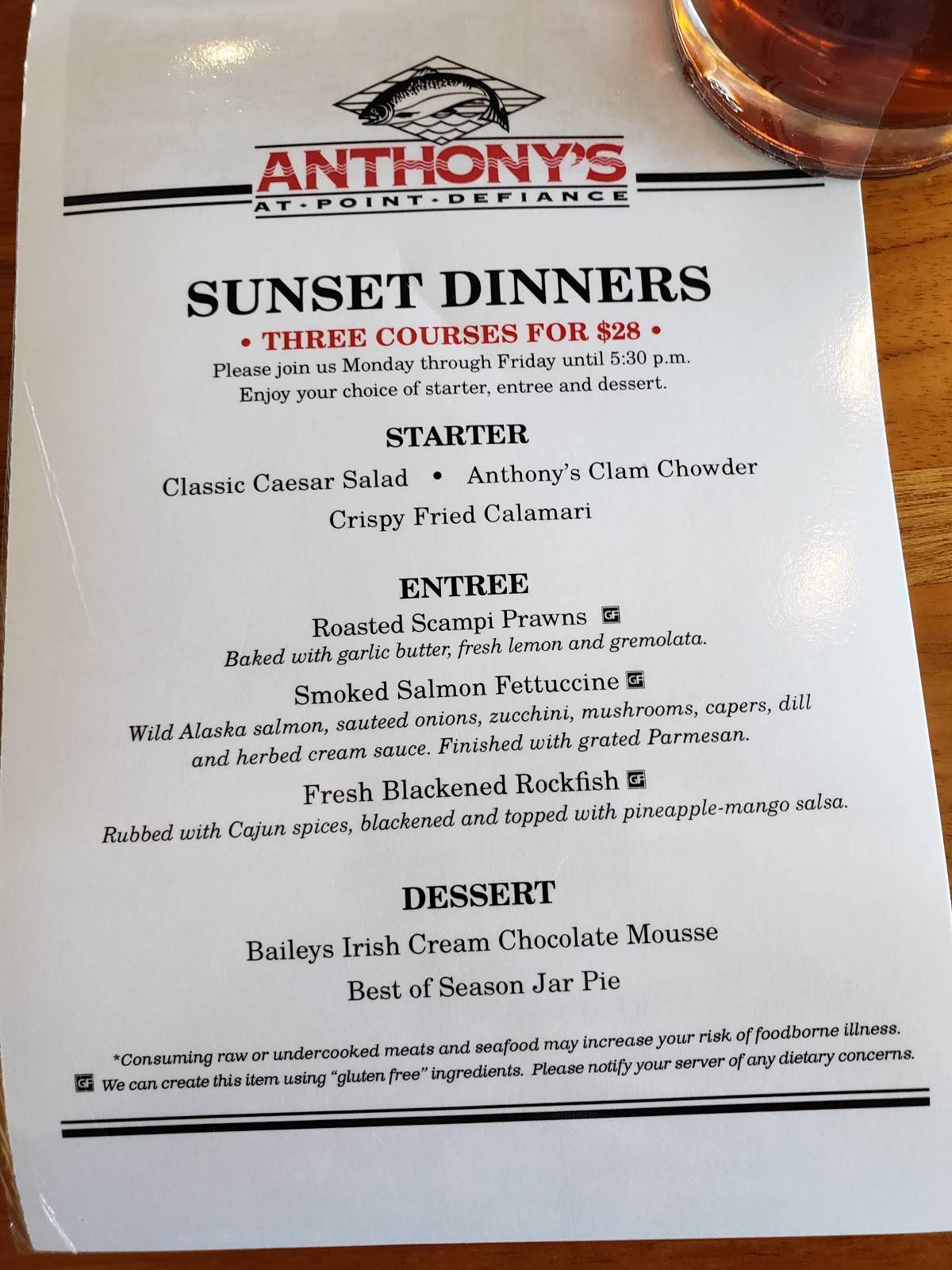 Menu at Anthony's At Point Defiance restaurant, Tacoma
