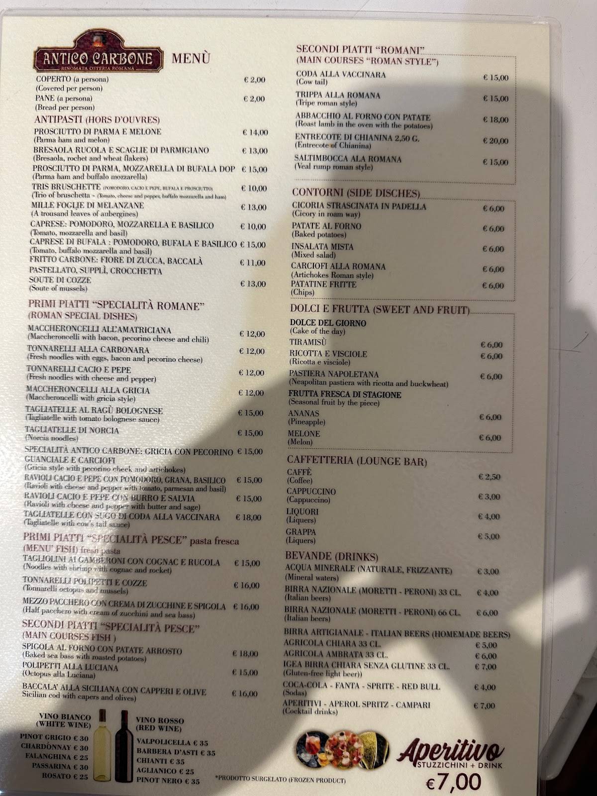 Menu da Antico Carbone ristorante, Roma
