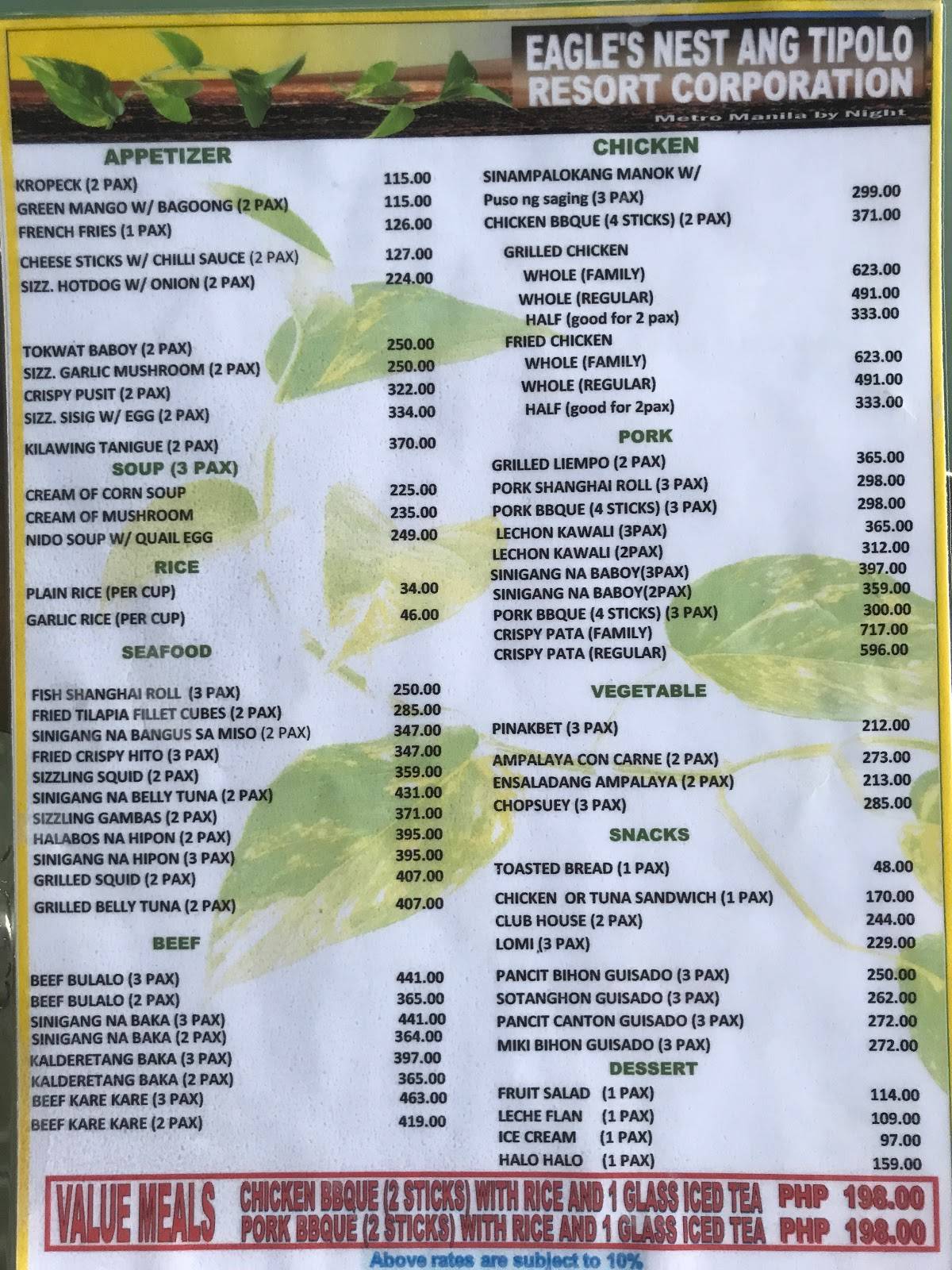 Menu at Cloud 9 Restaurant, Antipolo, 23 Sumulong Hwy