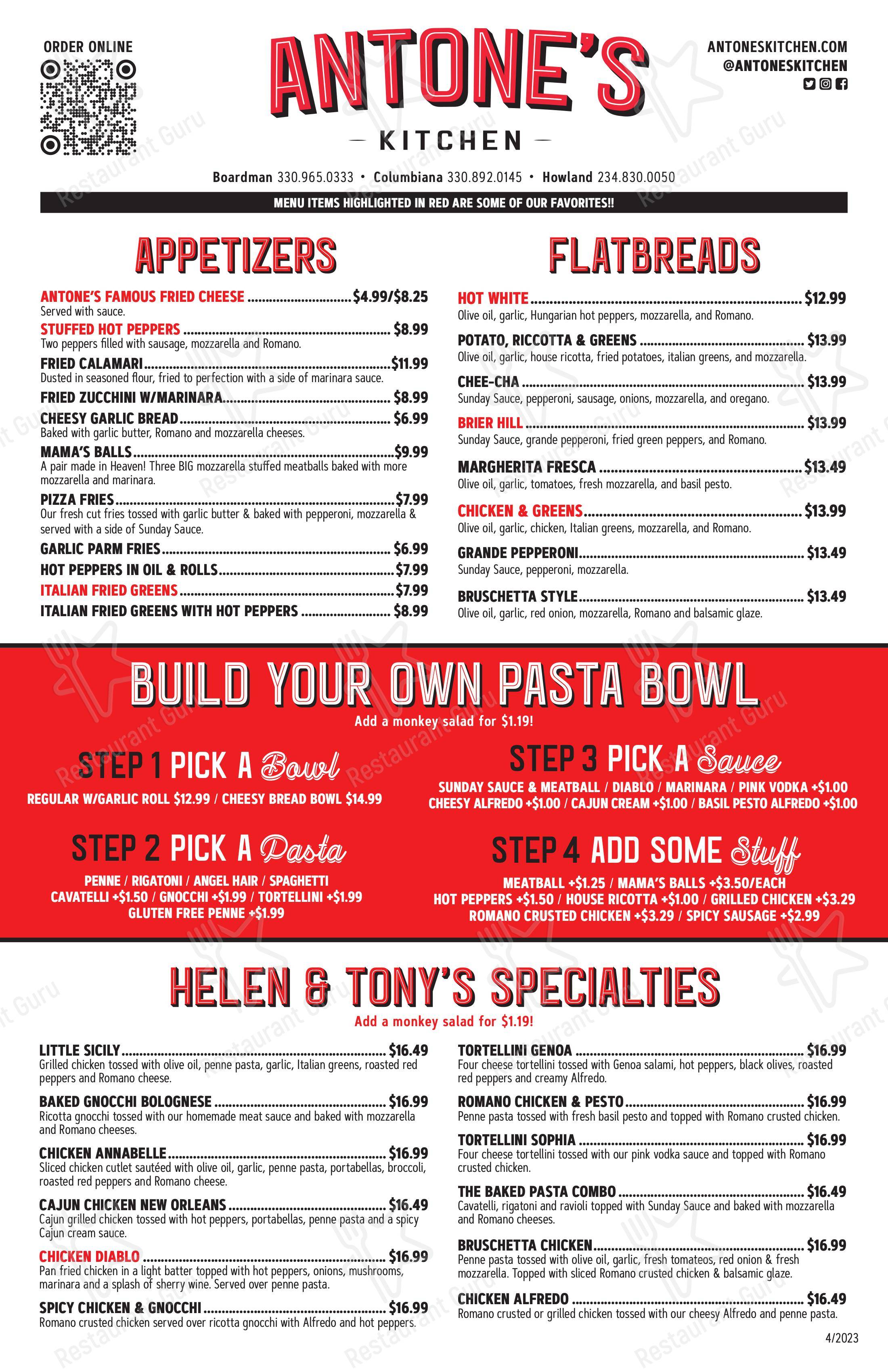 Menu at Antone's Kitchen pub & bar, Boardman, Boardman-Canfield Rd
