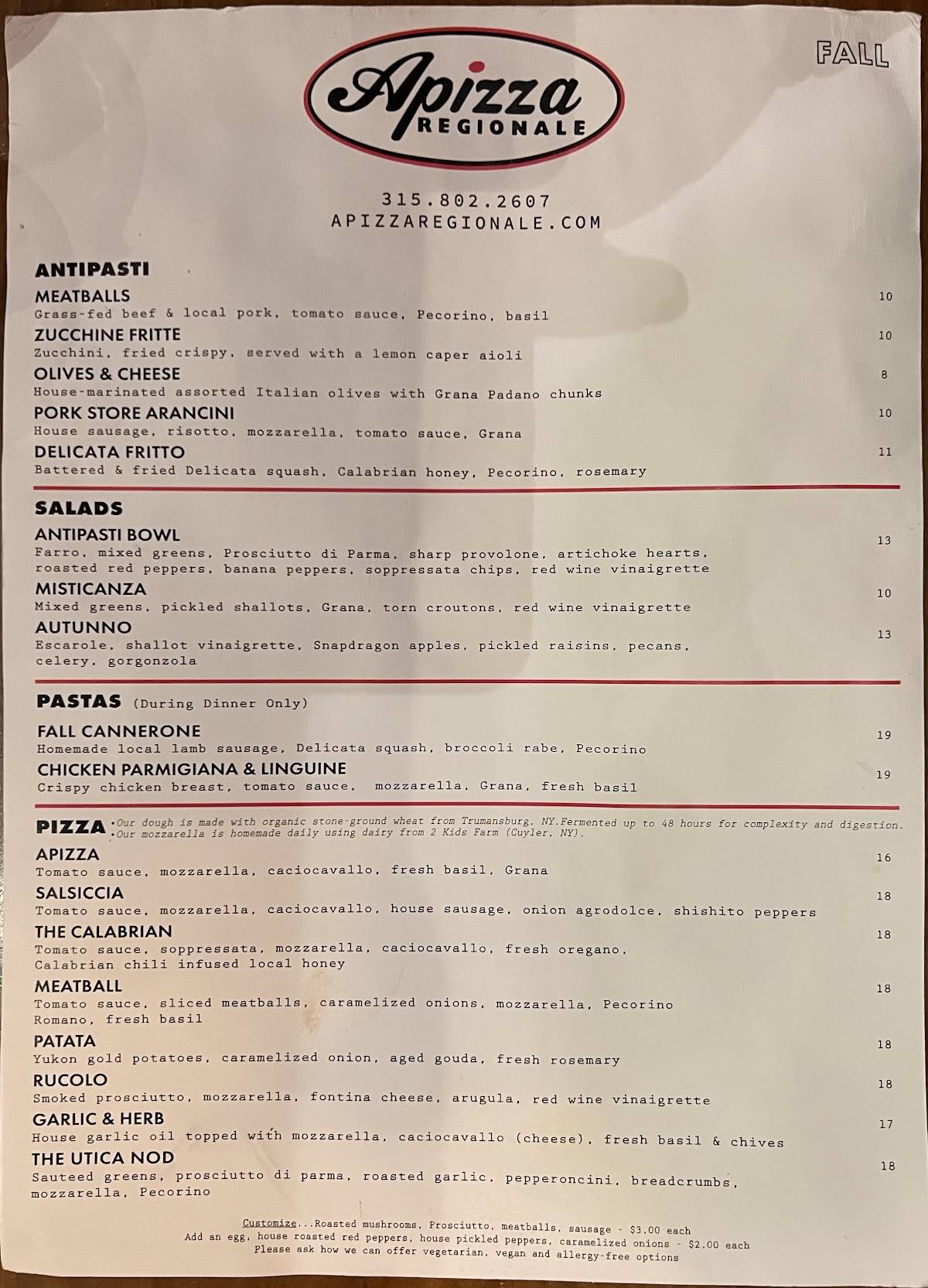 Menu at Apizza Regionale pub & bar, Syracuse