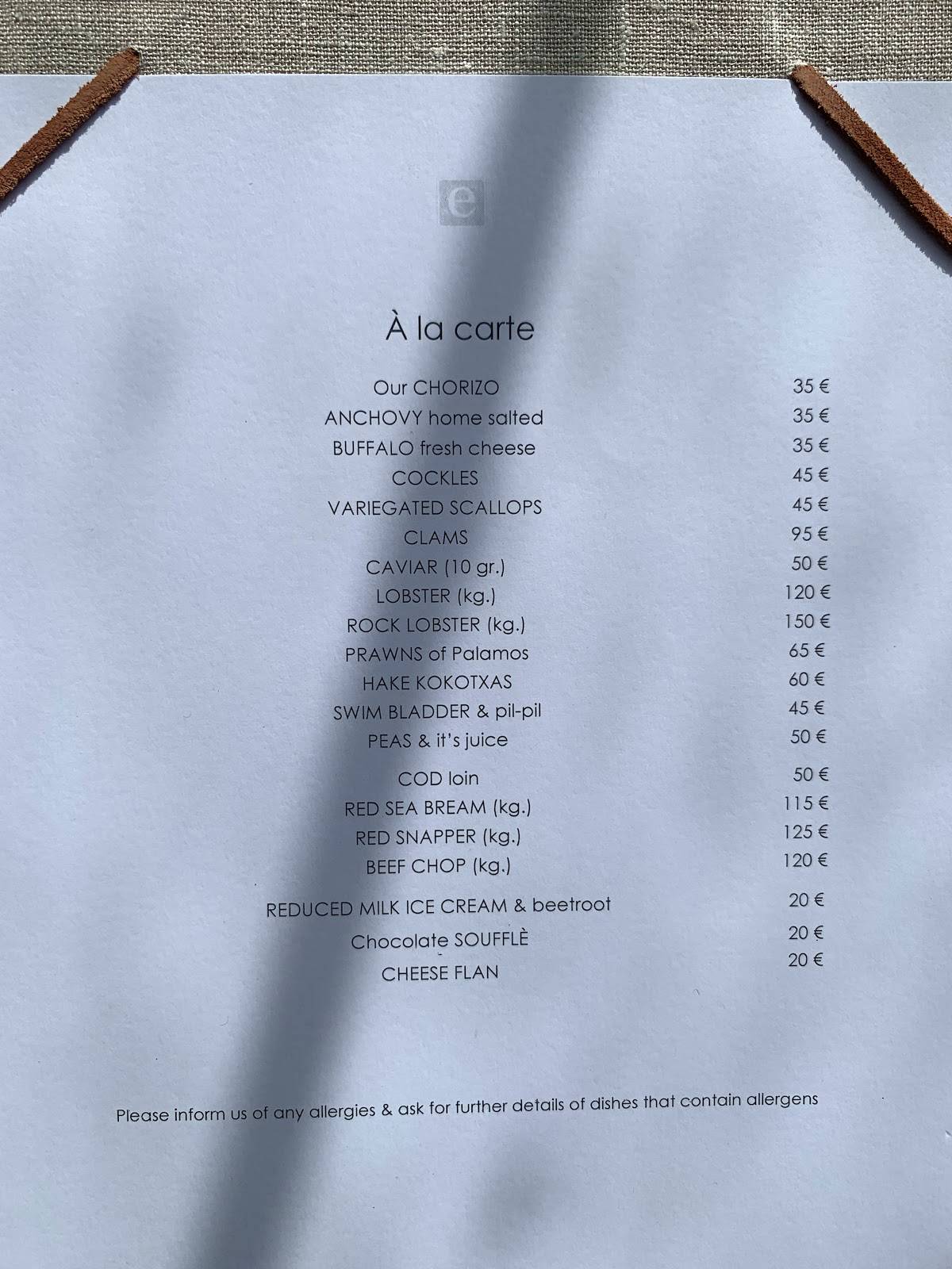 Menu at Asador Etxebarri, Axpe