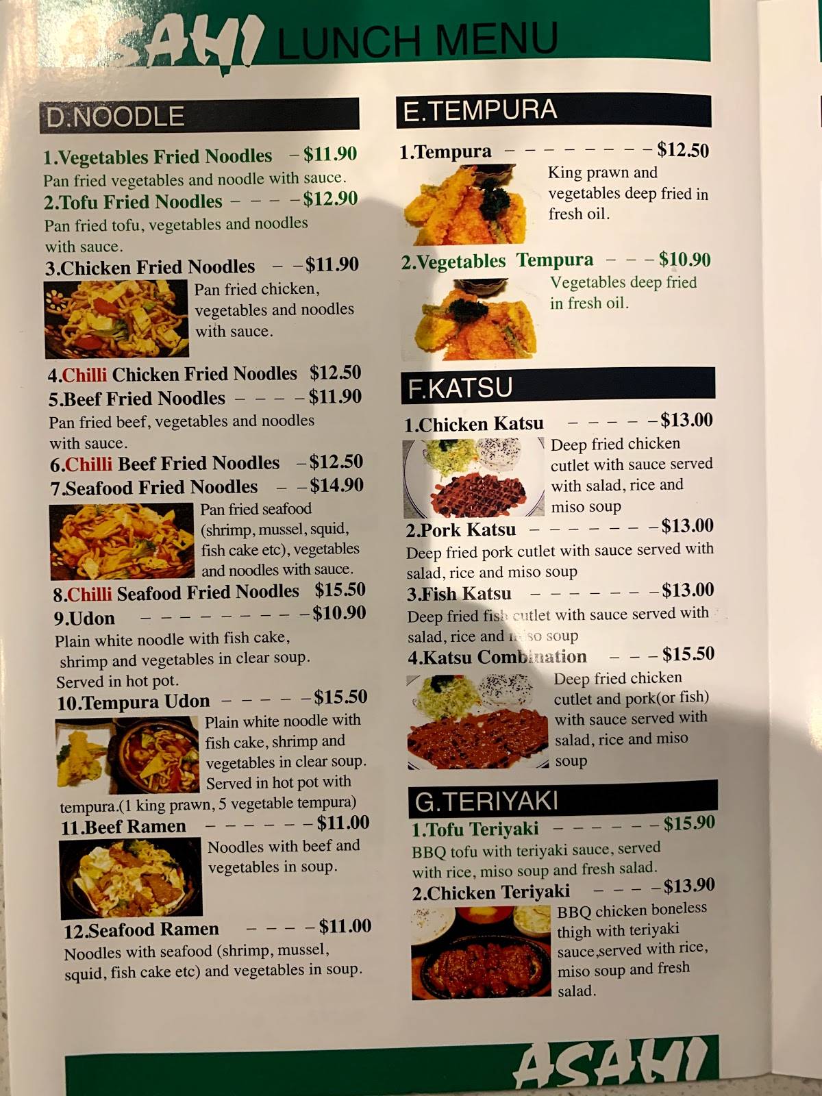 Menu at Asahi Japanese Restaurant, Orewa, 6 Bakehouse Ln