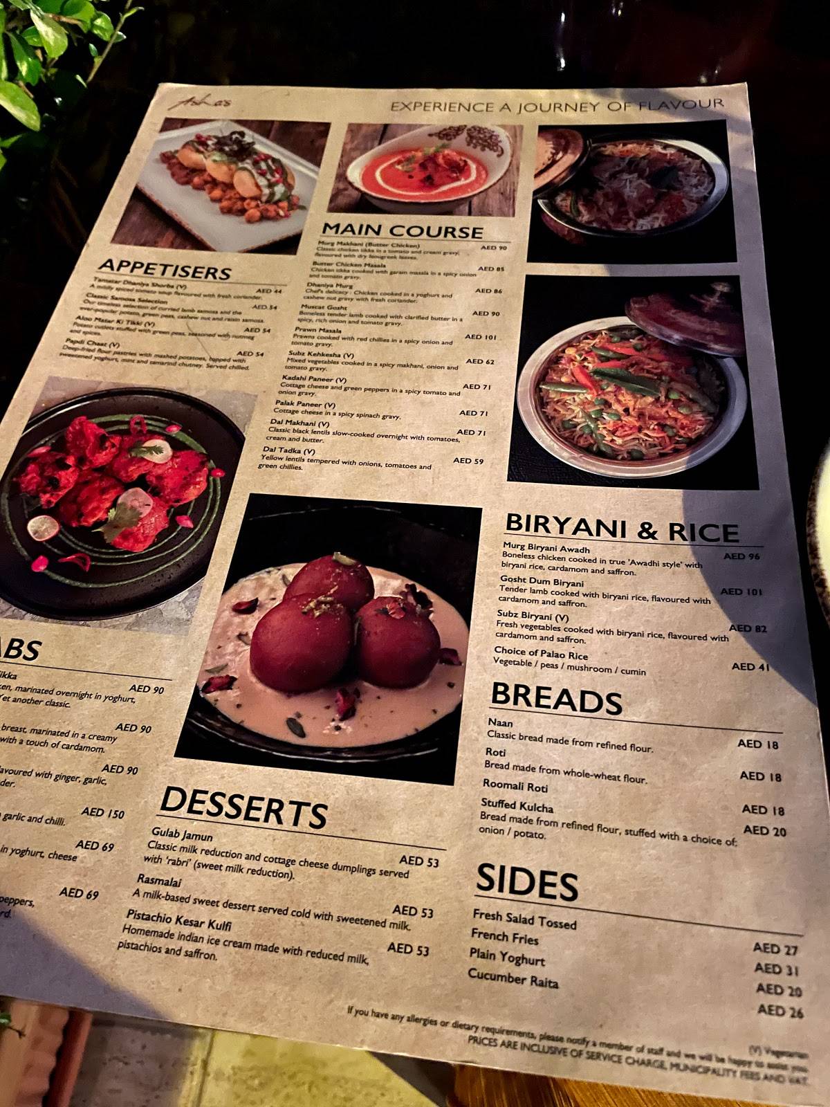 Menu at Asha's Restaurant, Dubai