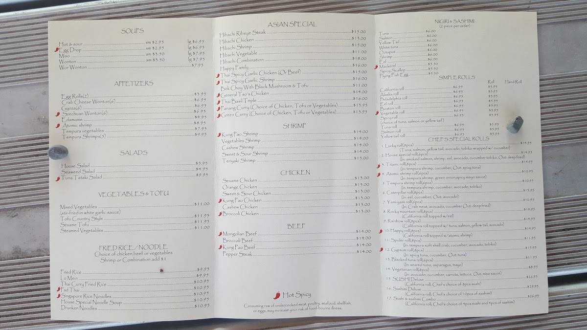 Menu at Asian Fusion restaurant, Gypsum