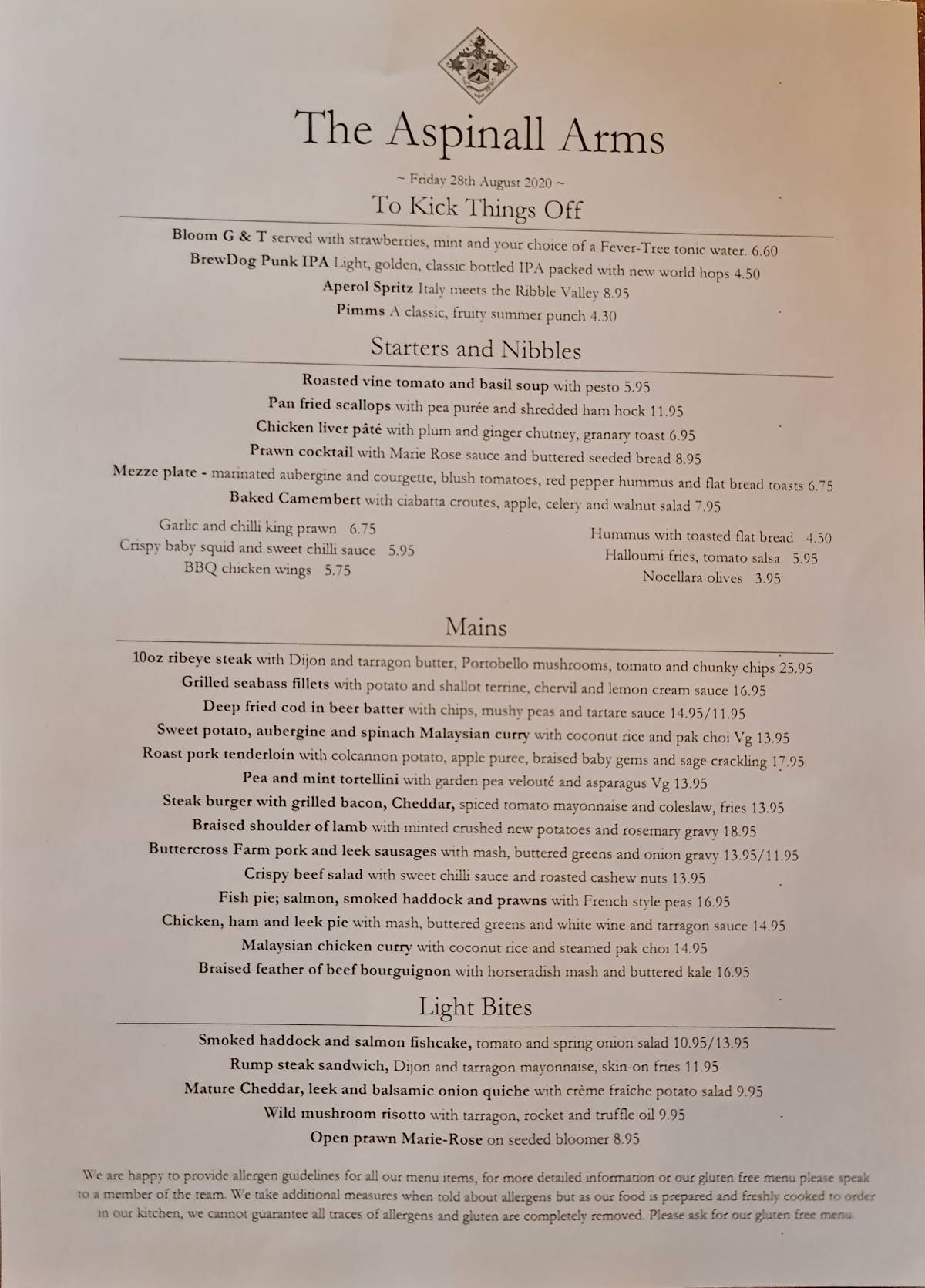 Menu at The Aspinall Arms pub & bar, Clitheroe, Mitton Rd