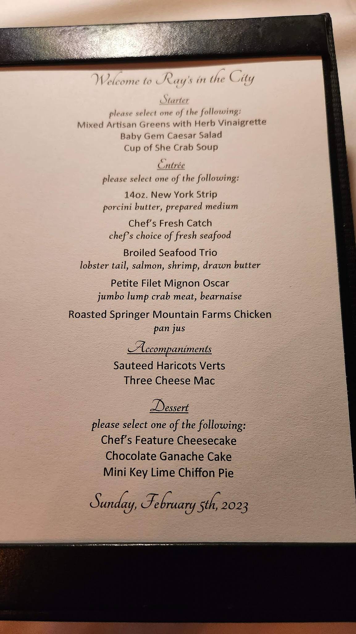 Menu at Ray's In the City restaurant, Atlanta, 240 Peachtree St