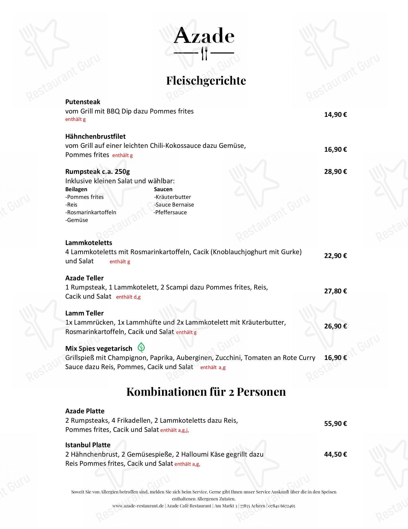Speisekarte von Azade Cafe Restaurant, Achern
