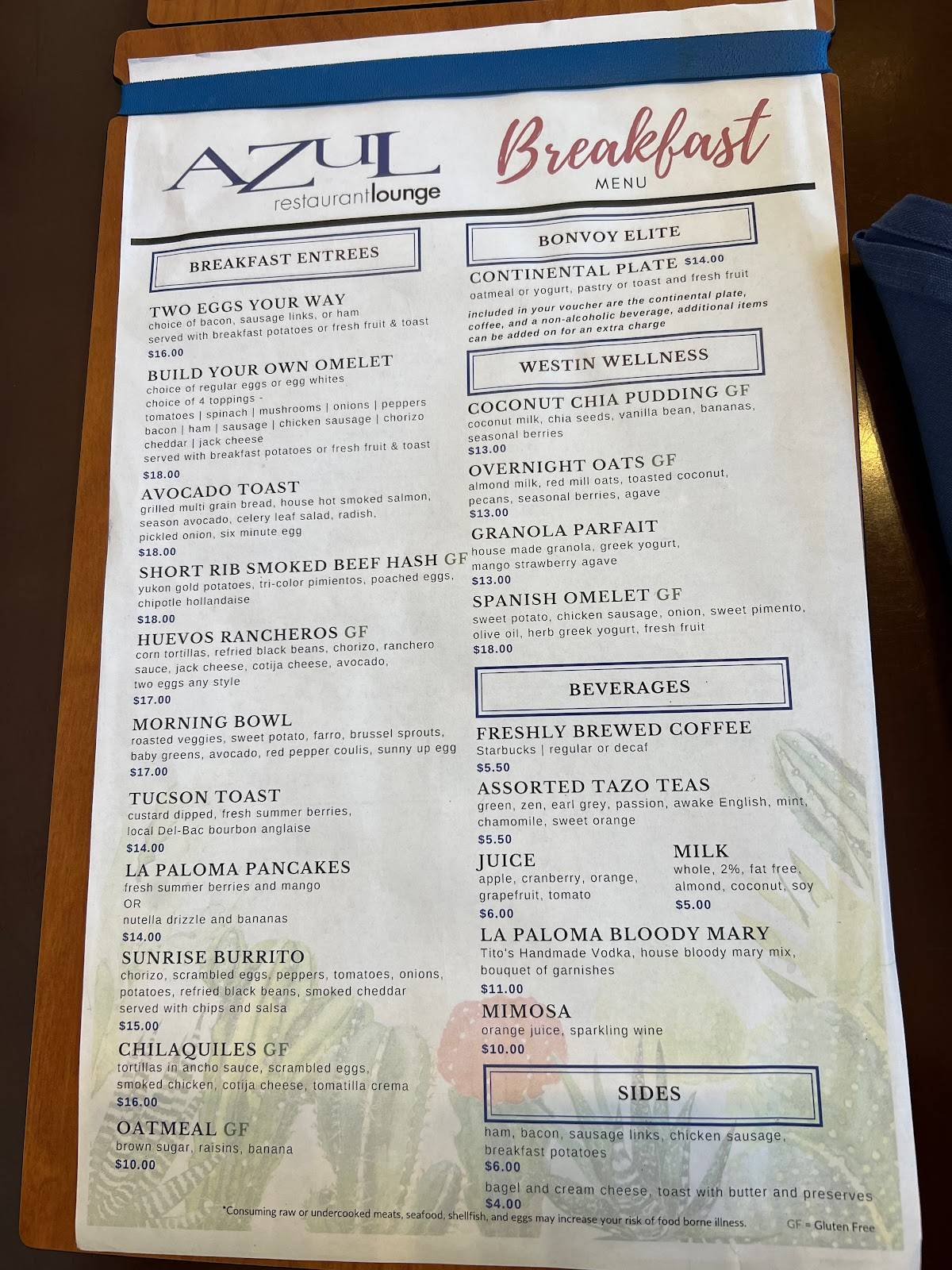 Menu at Azul Restaurant and Lounge, Tucson