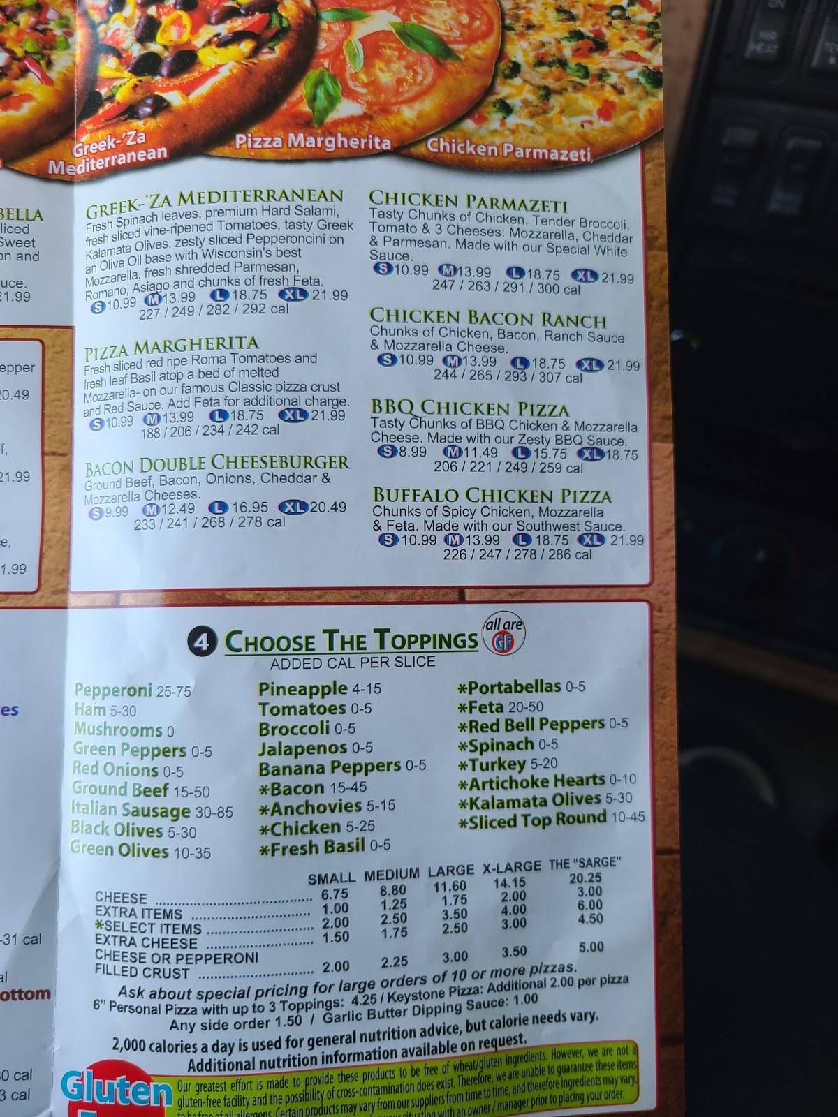 Menu at B.C. Pizza of Boyne City pizzeria, Boyne City, M-75