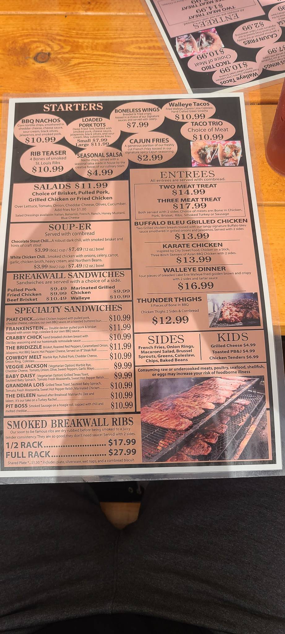 Menu at Breakwall BBQ, Conneaut, 1/2 Marina Dr