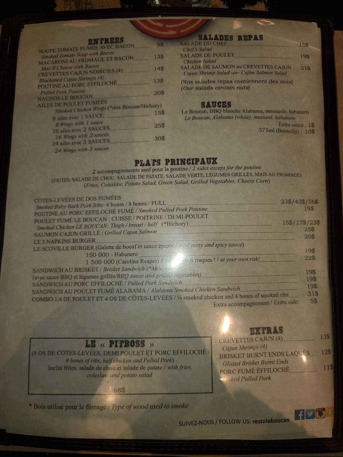 Menu au Le Boucan Smokehouse BBQ, Montréal, Notre-Dame St W