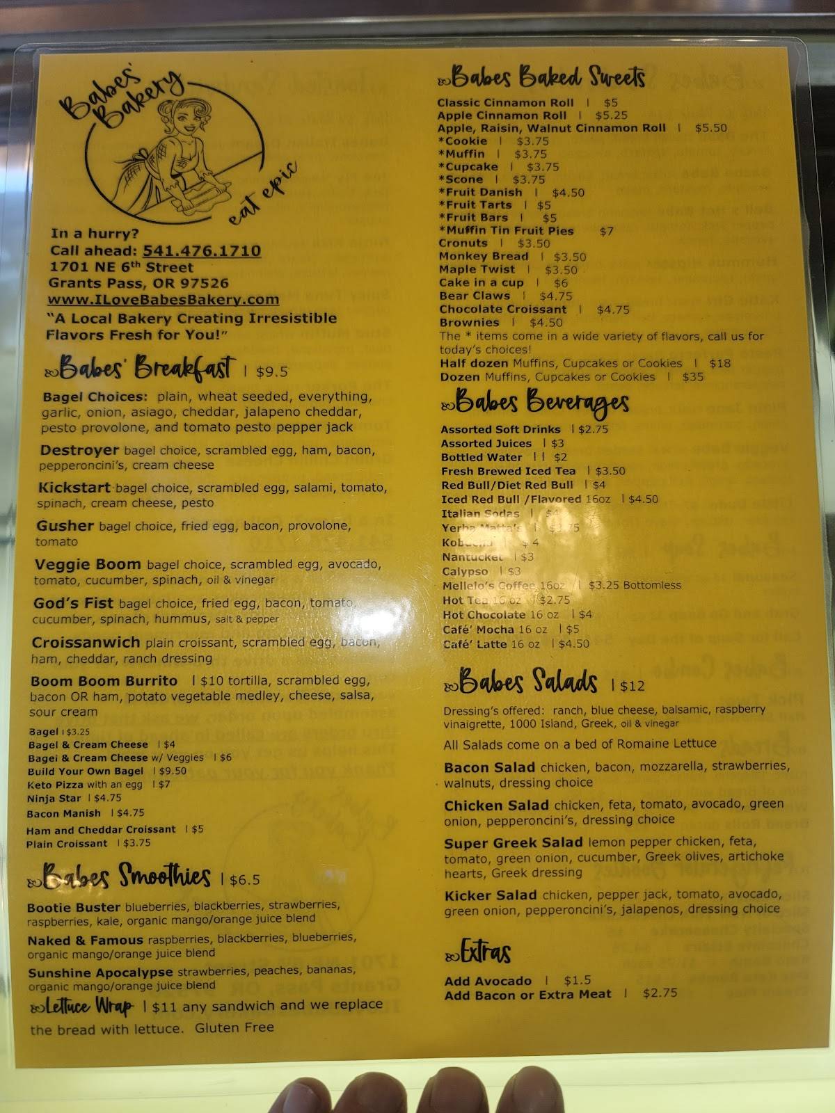 Menu at Babe's Bakery, Grants Pass