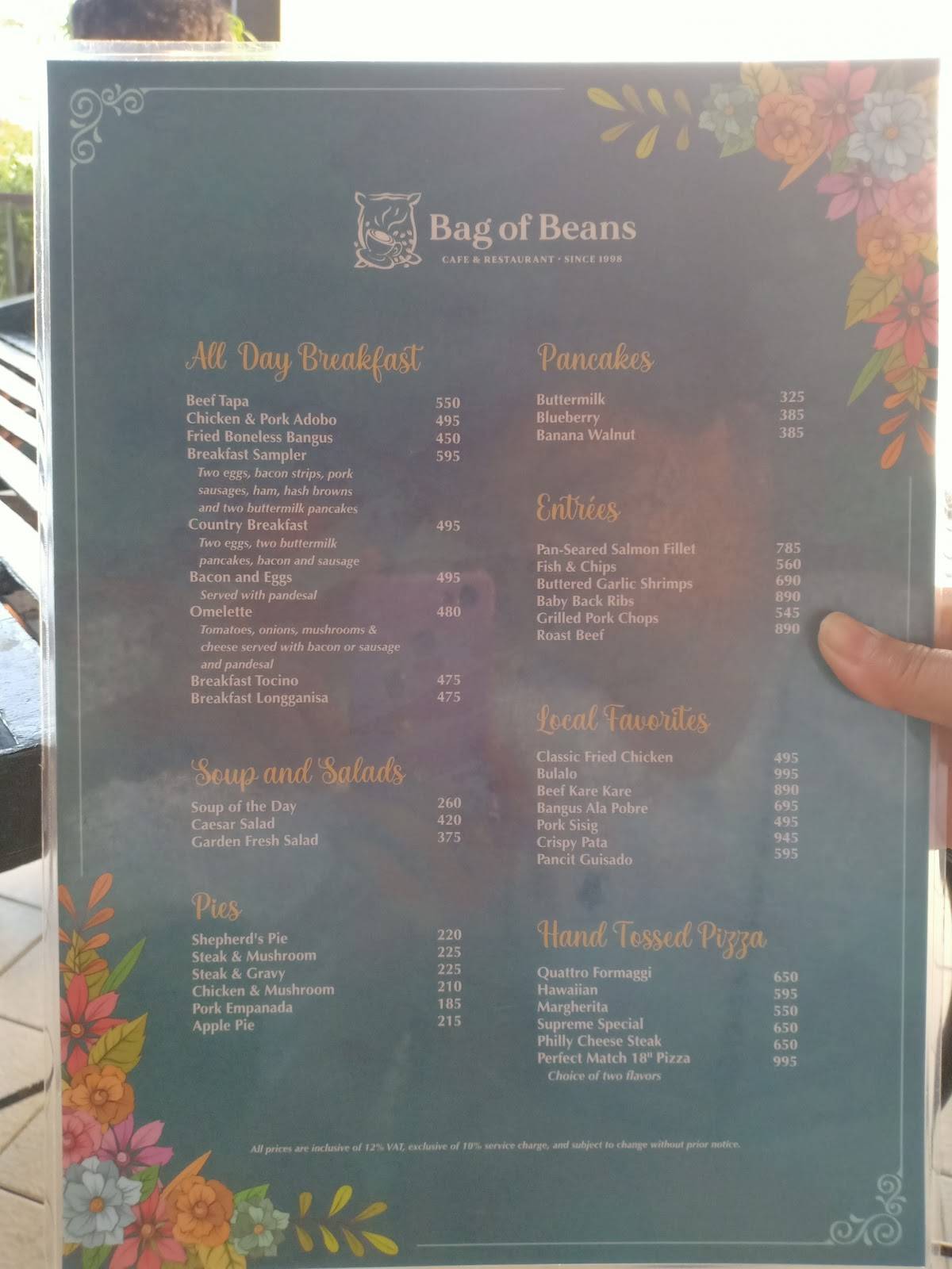 Menu at Bag of Beans, Twin Lakes restaurant, Laurel, 3V94+FP6