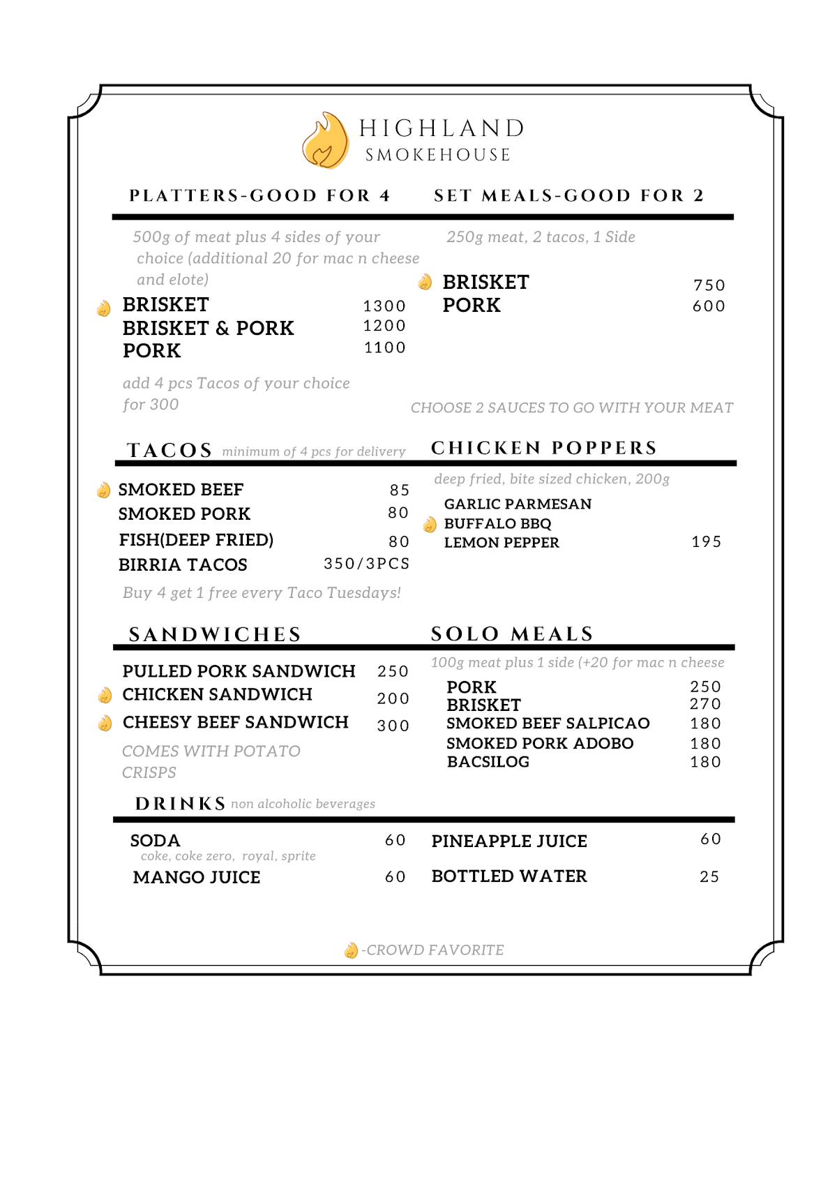 Menu at Highland Smokehouse restaurant, Baguio