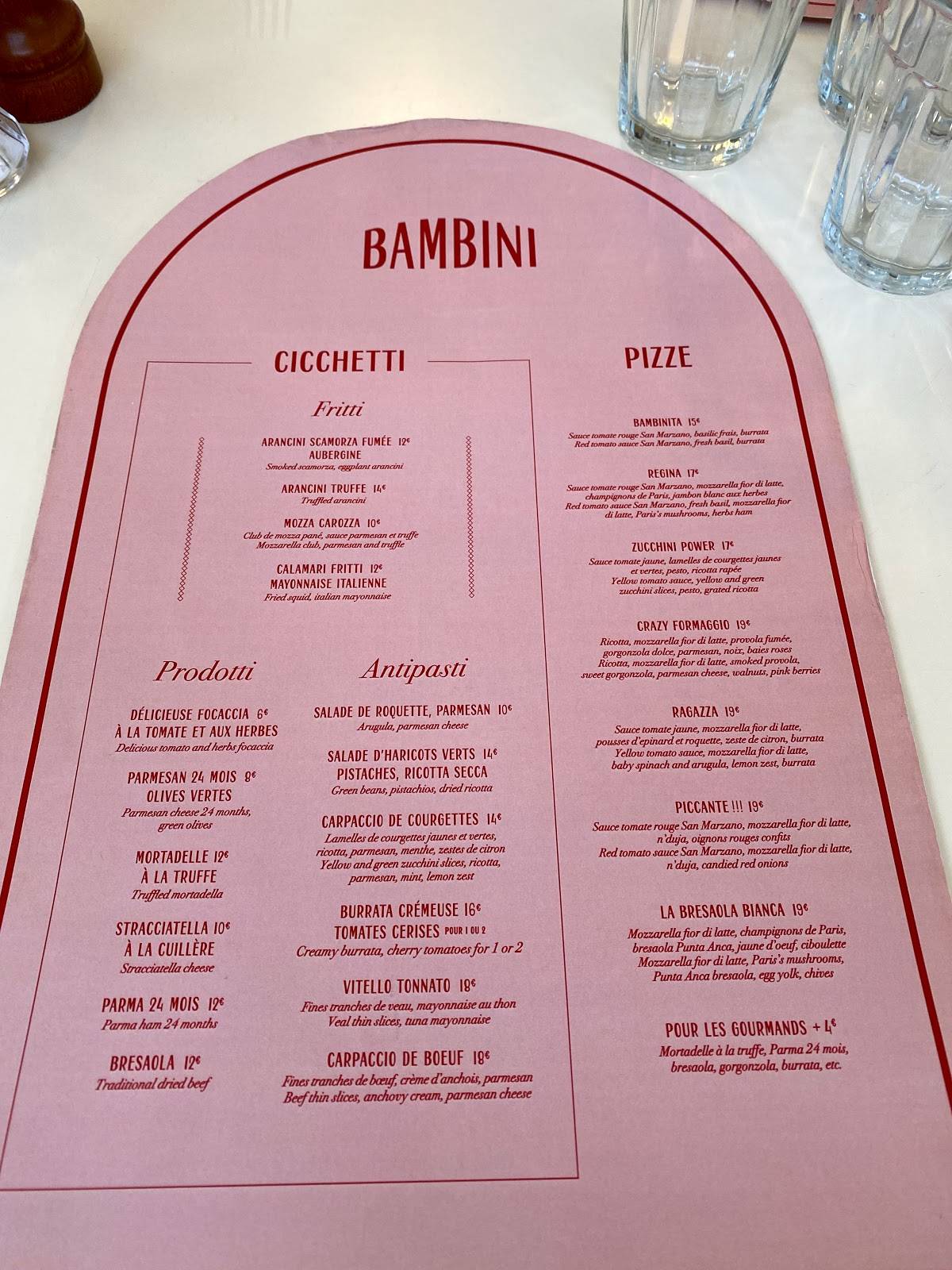Menu at Bambini Paris restaurant, Paris, Palais De Tokyo