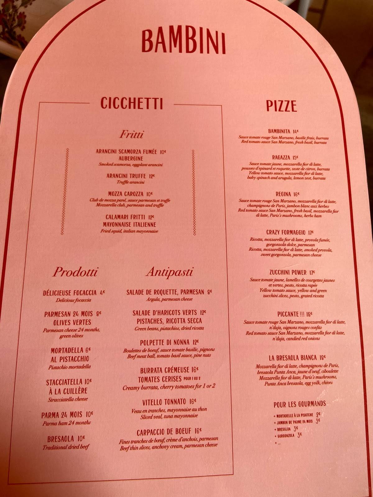 Menu at Bambini Paris restaurant, Paris, Palais De Tokyo