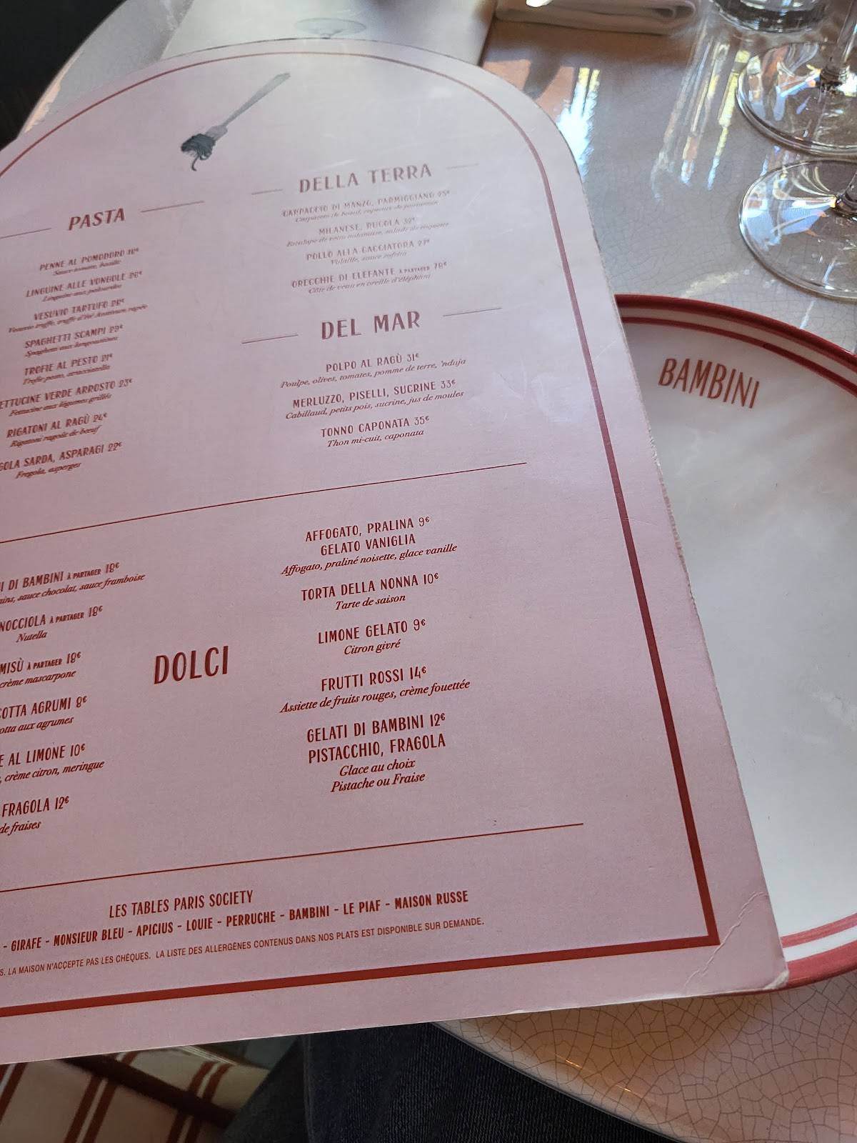 Menu at Bambini Paris restaurant, Paris, Palais De Tokyo