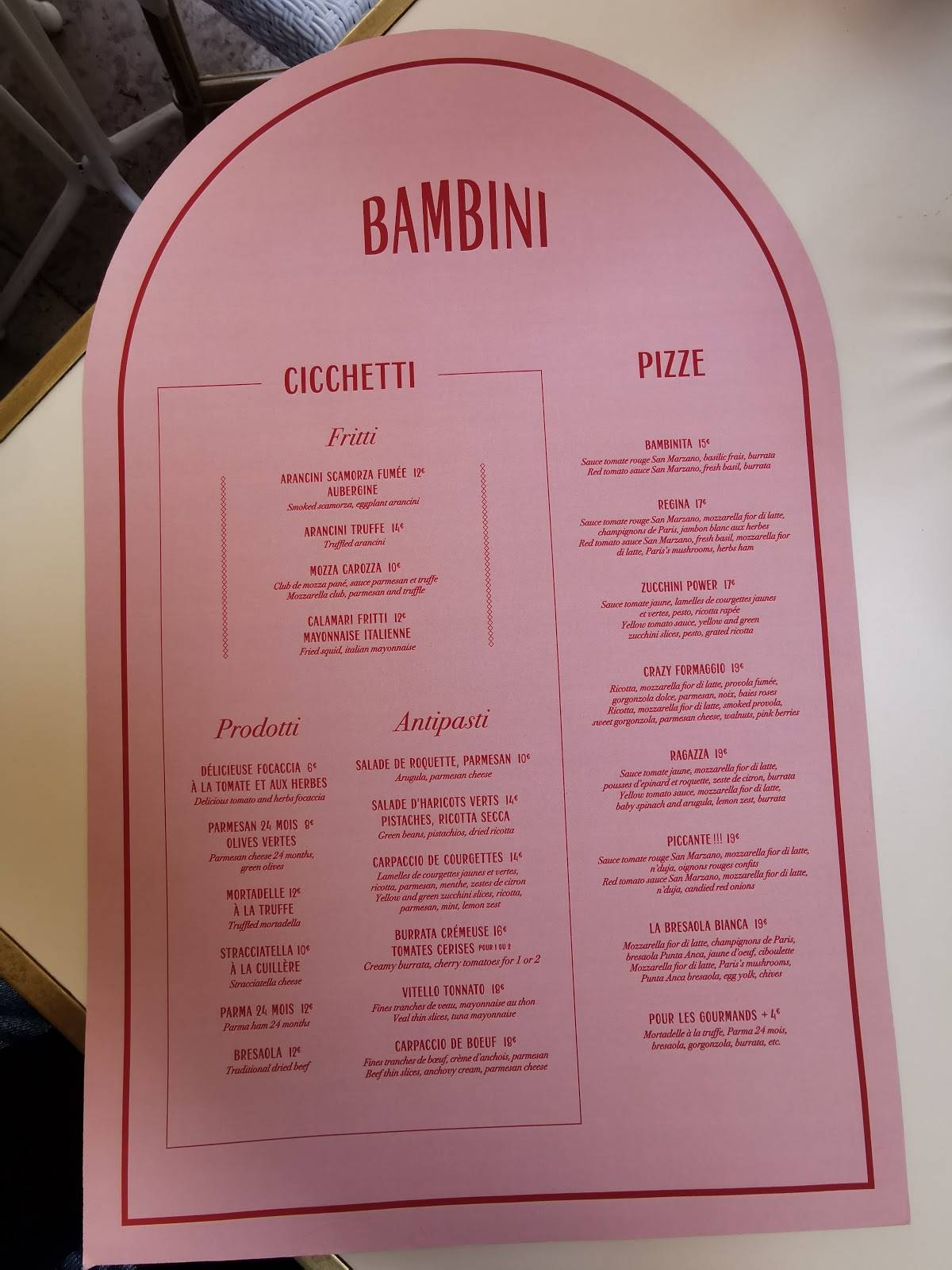 Menu at Bambini Paris restaurant, Paris, Palais De Tokyo