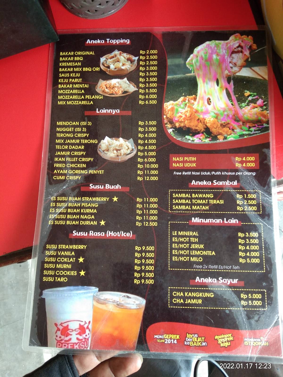 Carta del restaurante Ayam Geprek & Susu (Preksu) Godean, Banguntapan