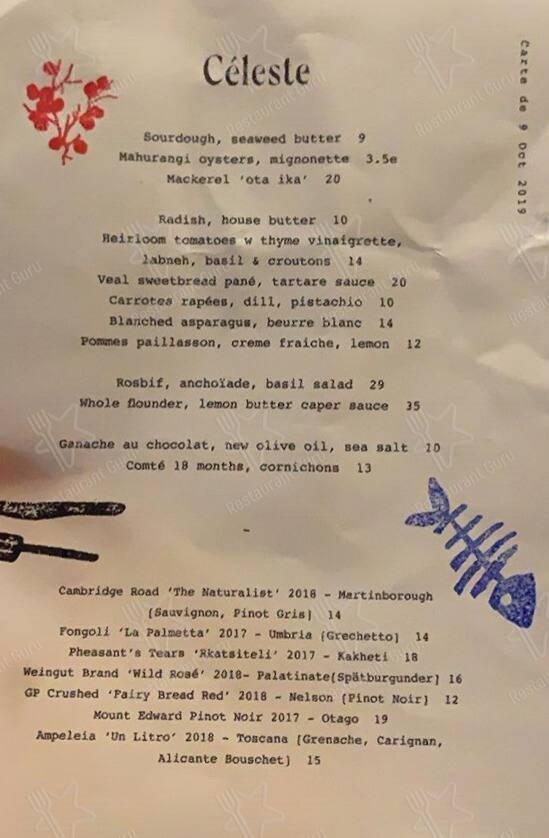Menu at Bar Céleste, Auckland