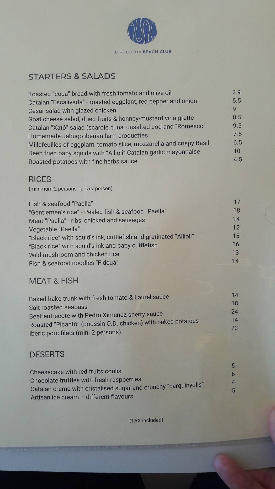 Menu at Barcelona Beach Club, Barcelona