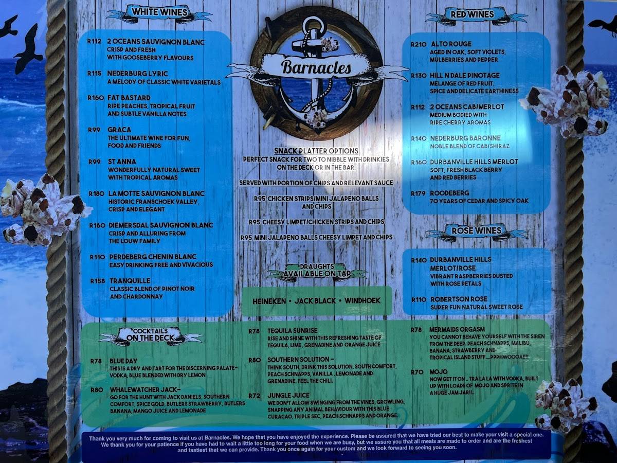 Menu at Barnacles Restaurant, Port Elizabeth