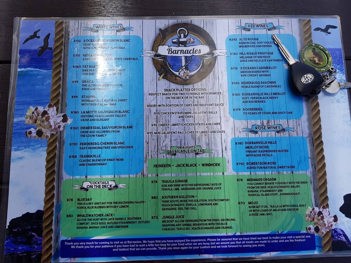Menu at Barnacles Restaurant, Port Elizabeth