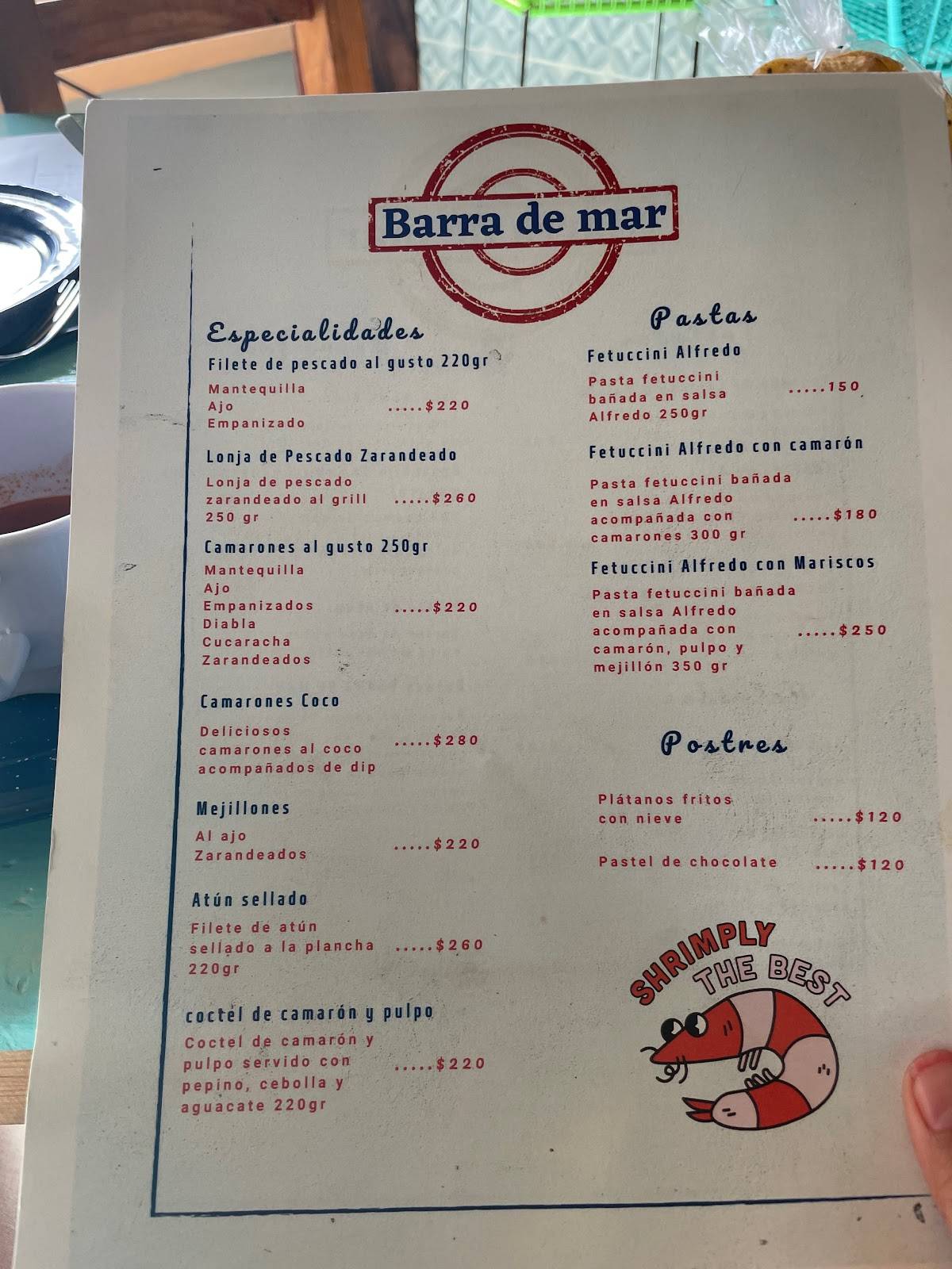 Menu at Barra de Mar, Puerto Vallarta