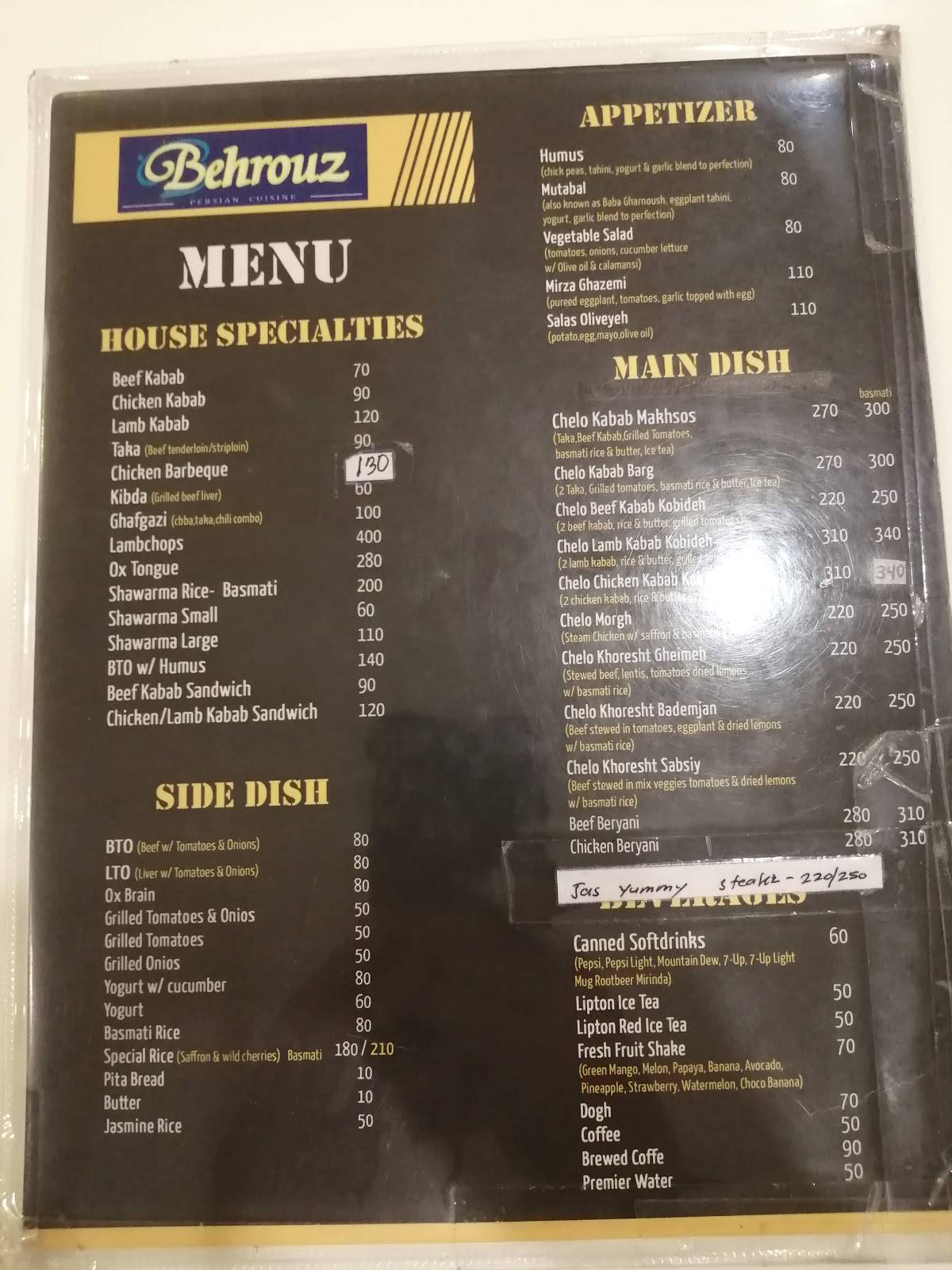 Menu at Behrouz Persian Cuisine restaurant, Quezon City, 50 Sct. Tobias St