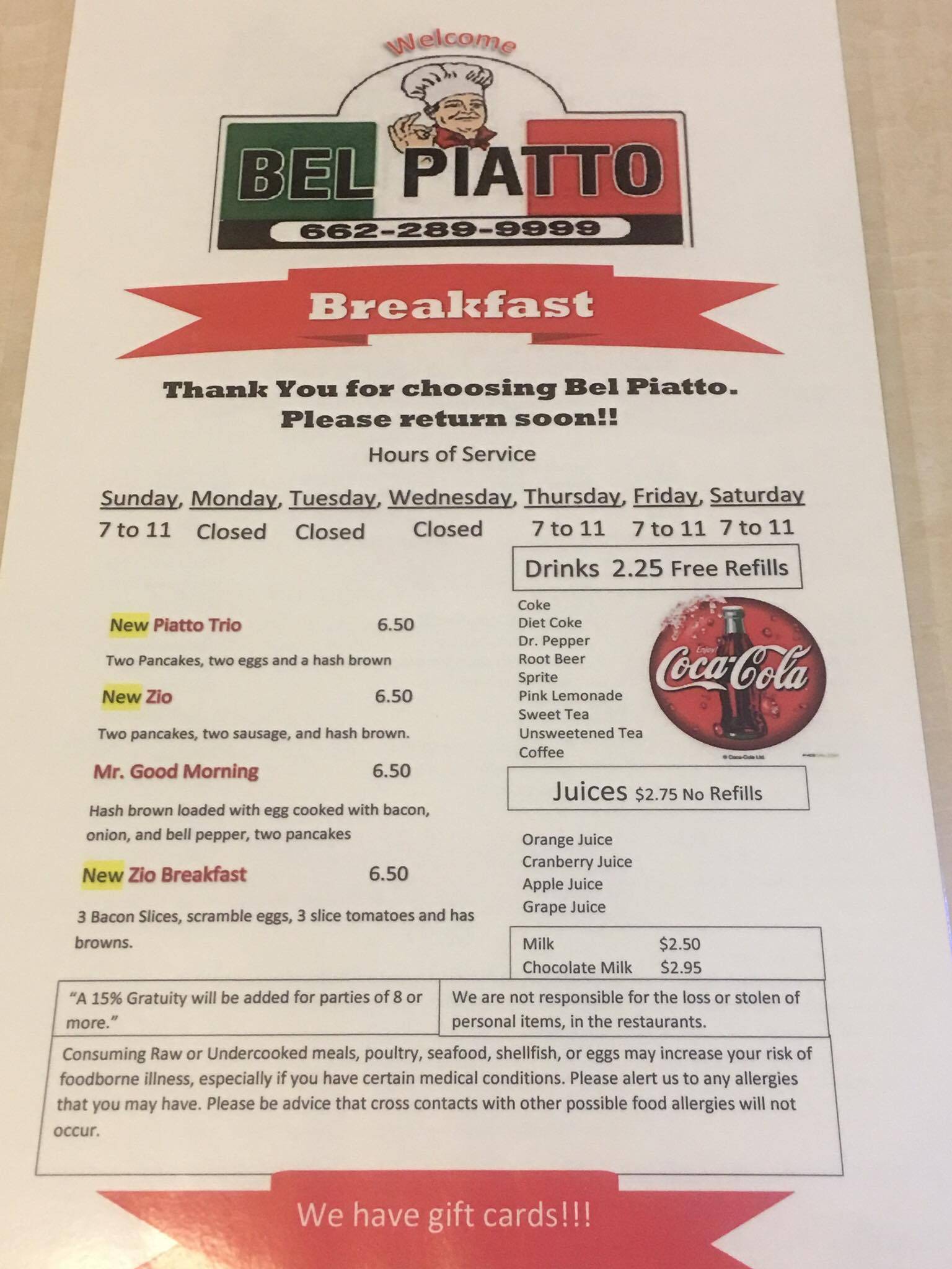 Menu at Bel Piatto restaurant, Kosciusko, Veterans Memorial Dr