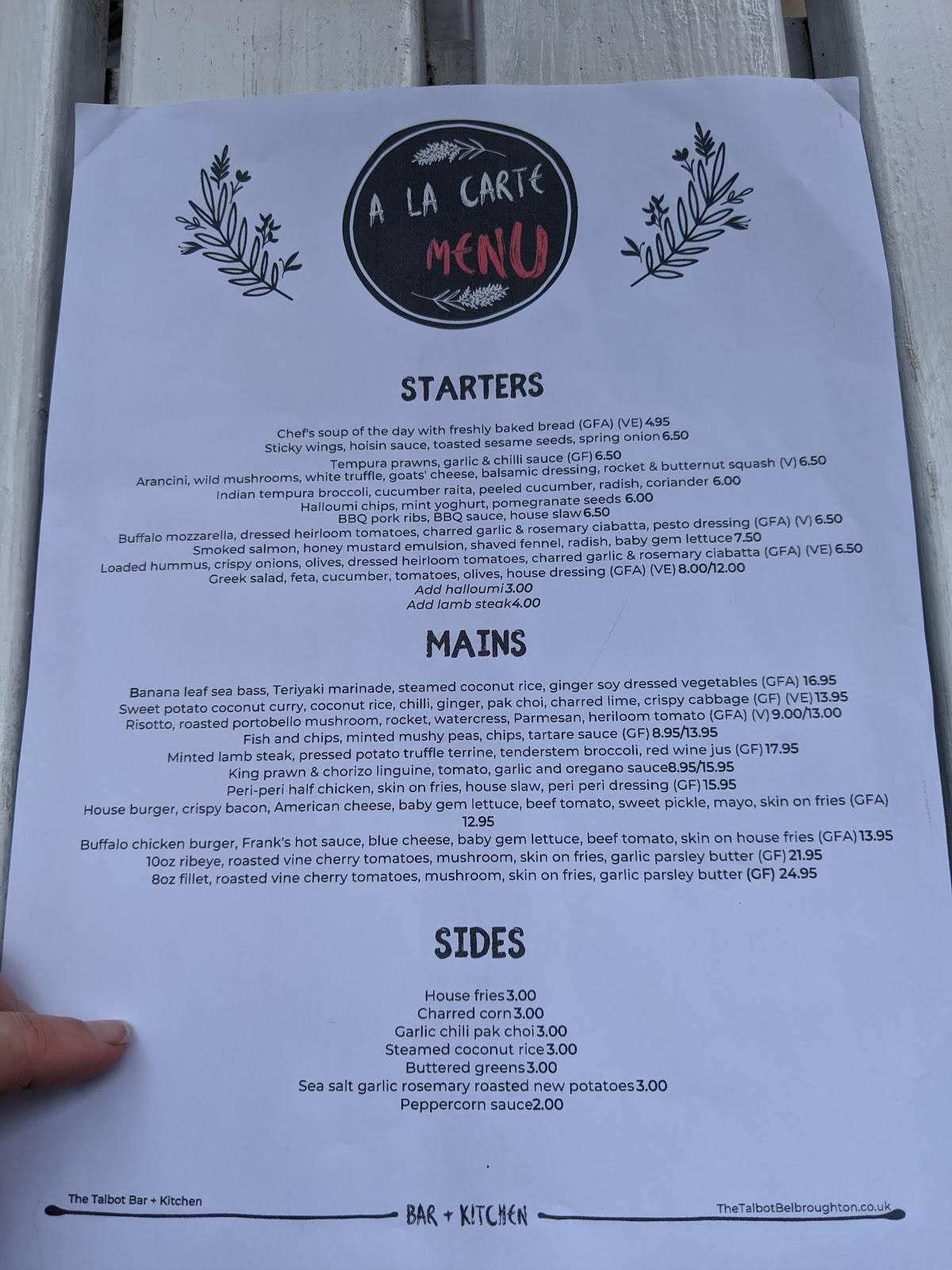 Menu at The Talbot at Belbroughton pub & bar, Stourbridge, Hartle Ln