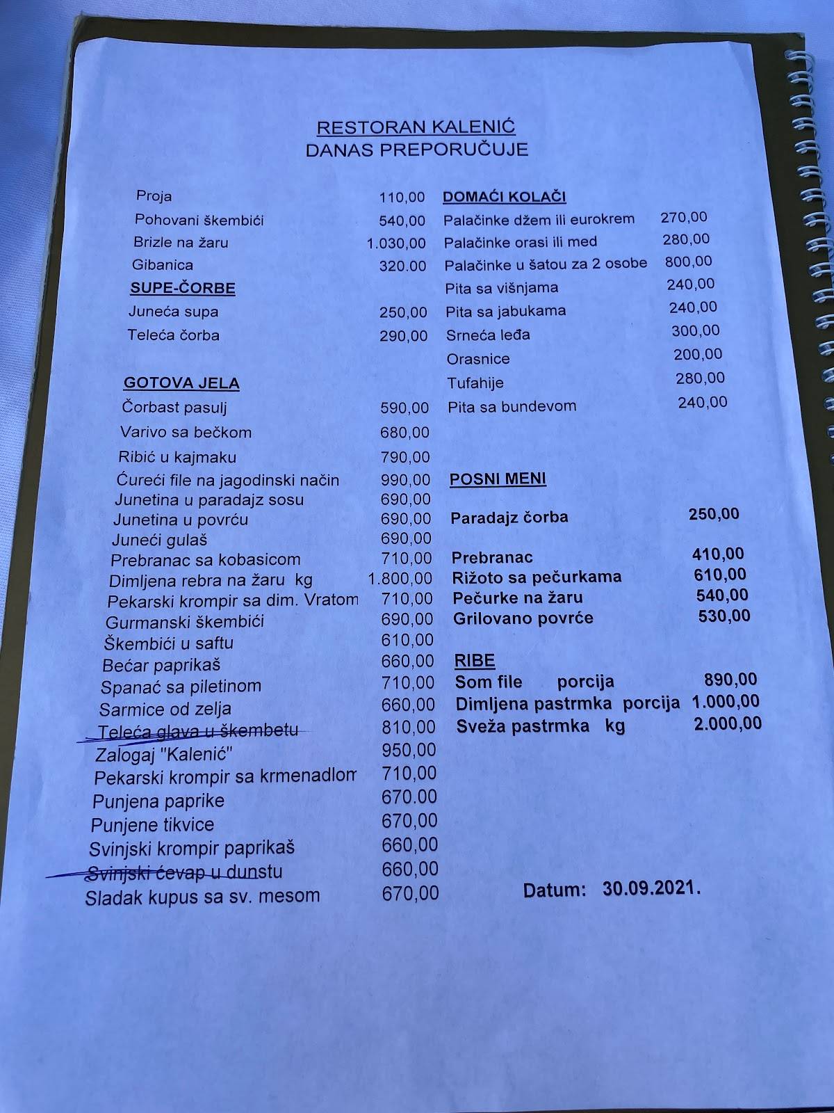 Menu at Kalenic restaurant, Belgrade