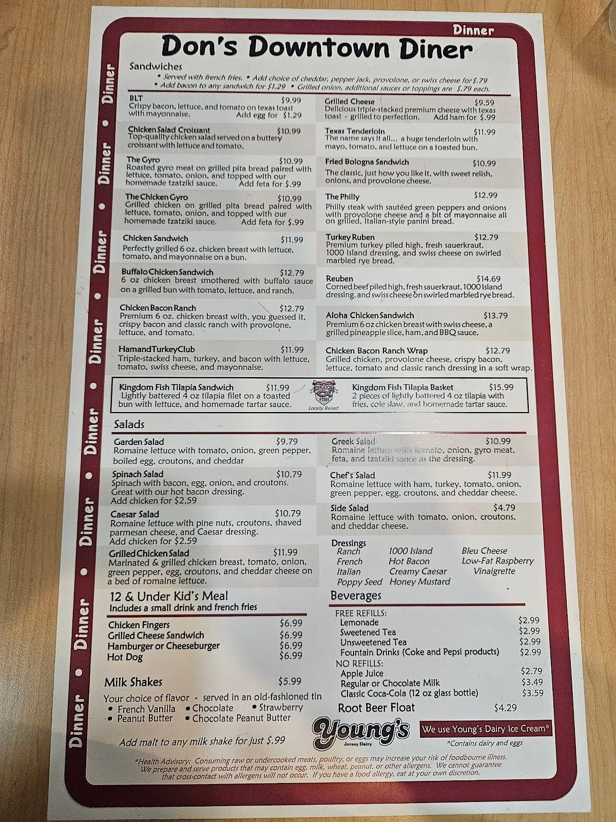 Menu at Don's Downtown Diner restaurant, Bellefontaine
