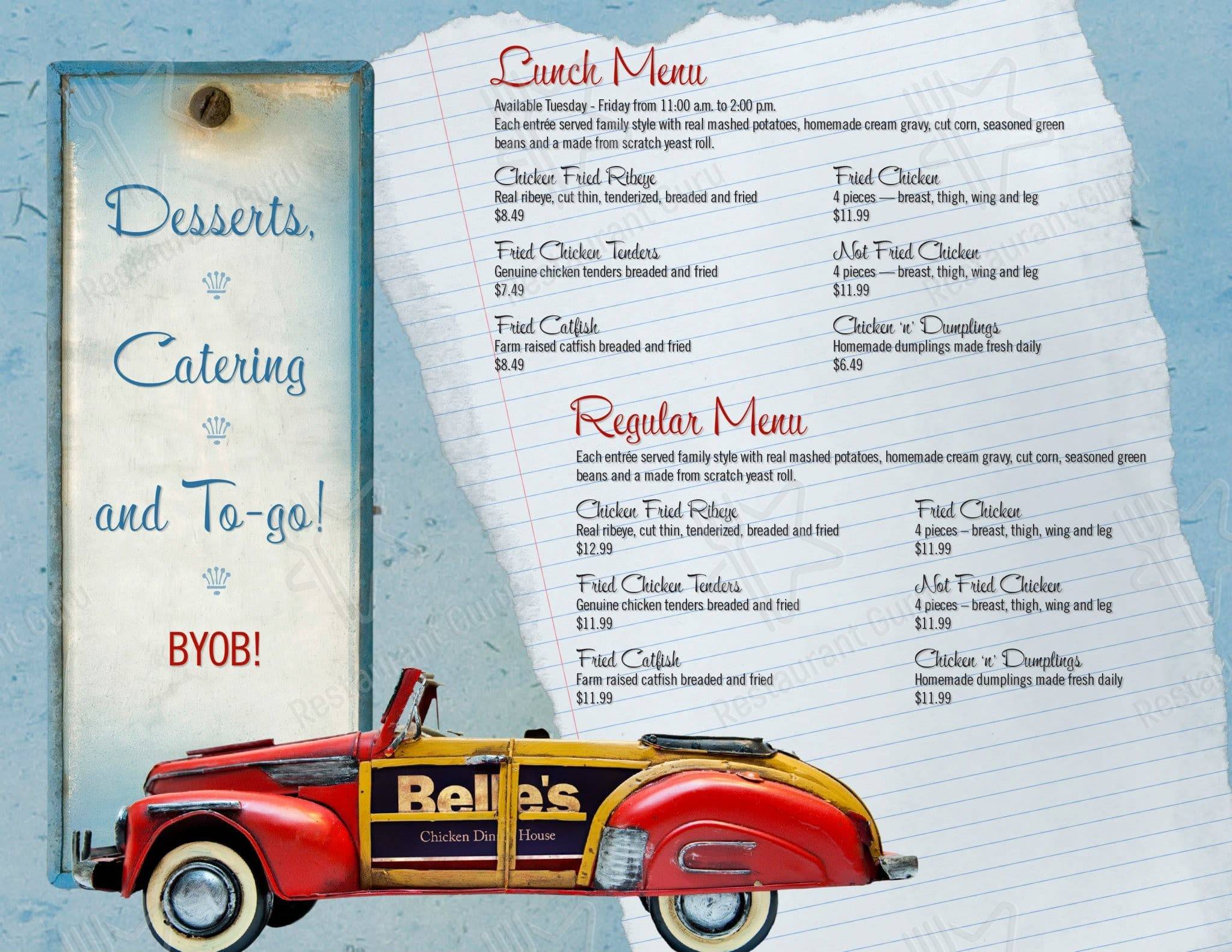 Menu at Belle's Chicken Dinner House restaurant, Abilene