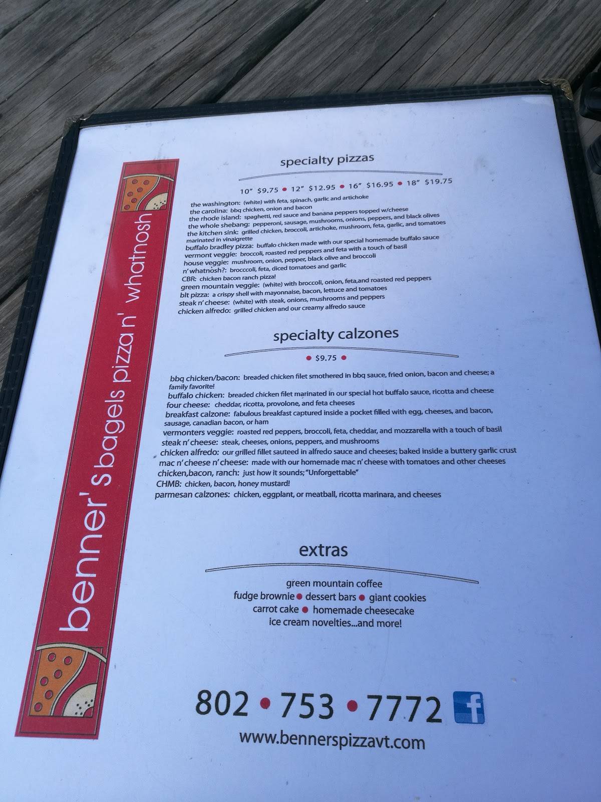 Menu at Benner's Bagels Pizza N' What Nosh pizzeria, Bennington
